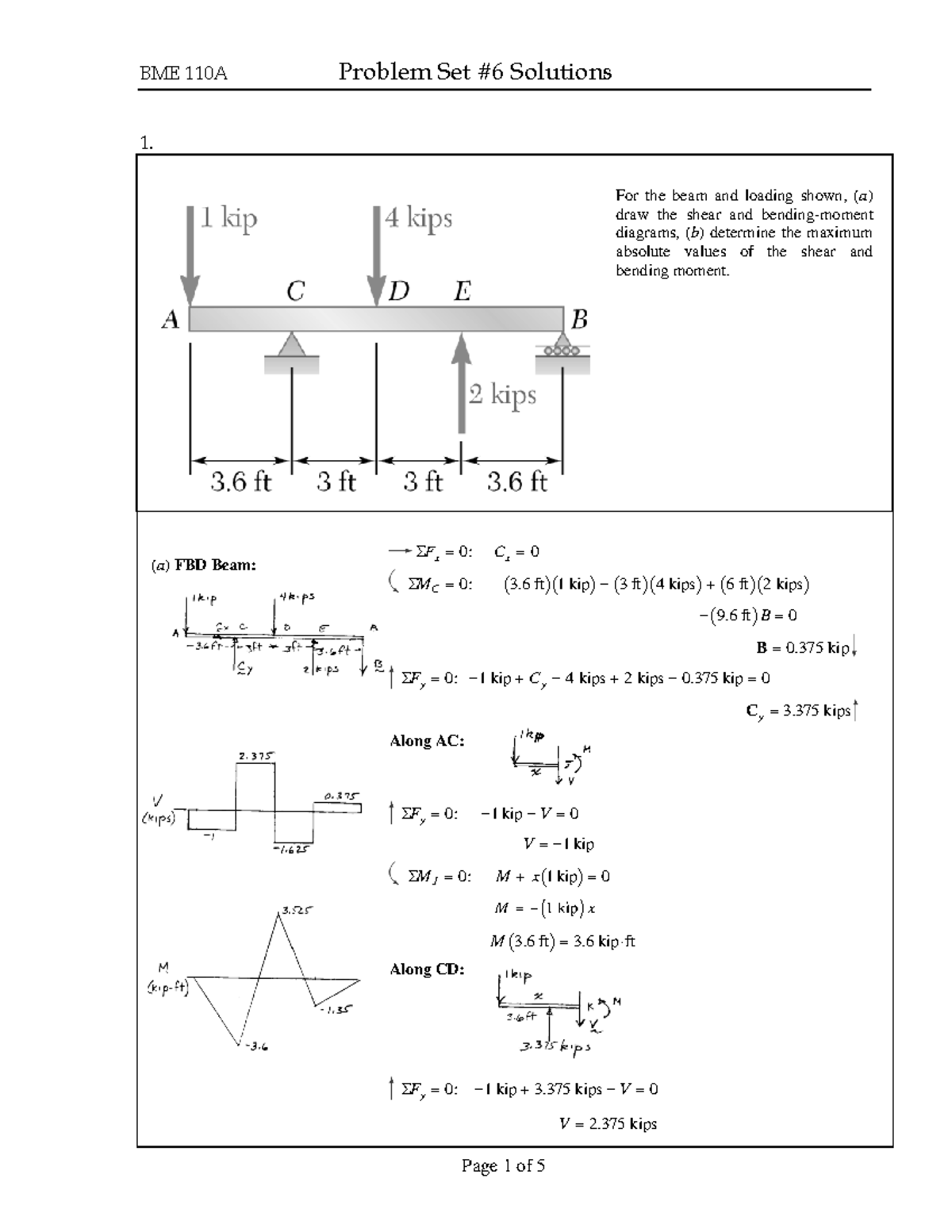 Copy of ps6 solutions - BME 110A Problem Set #6 Solutions 1. For the beam and loading shown, (a ...