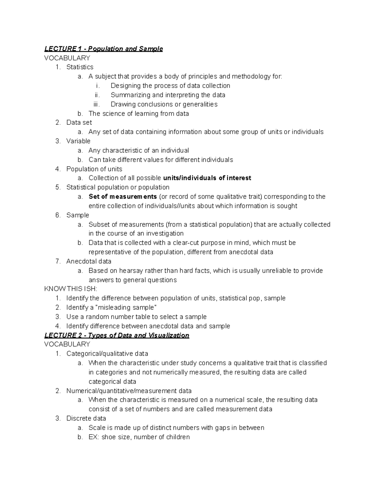 Stats Final Review - LECTURE 1 - Population and Sample VOCABULARY 1 ...