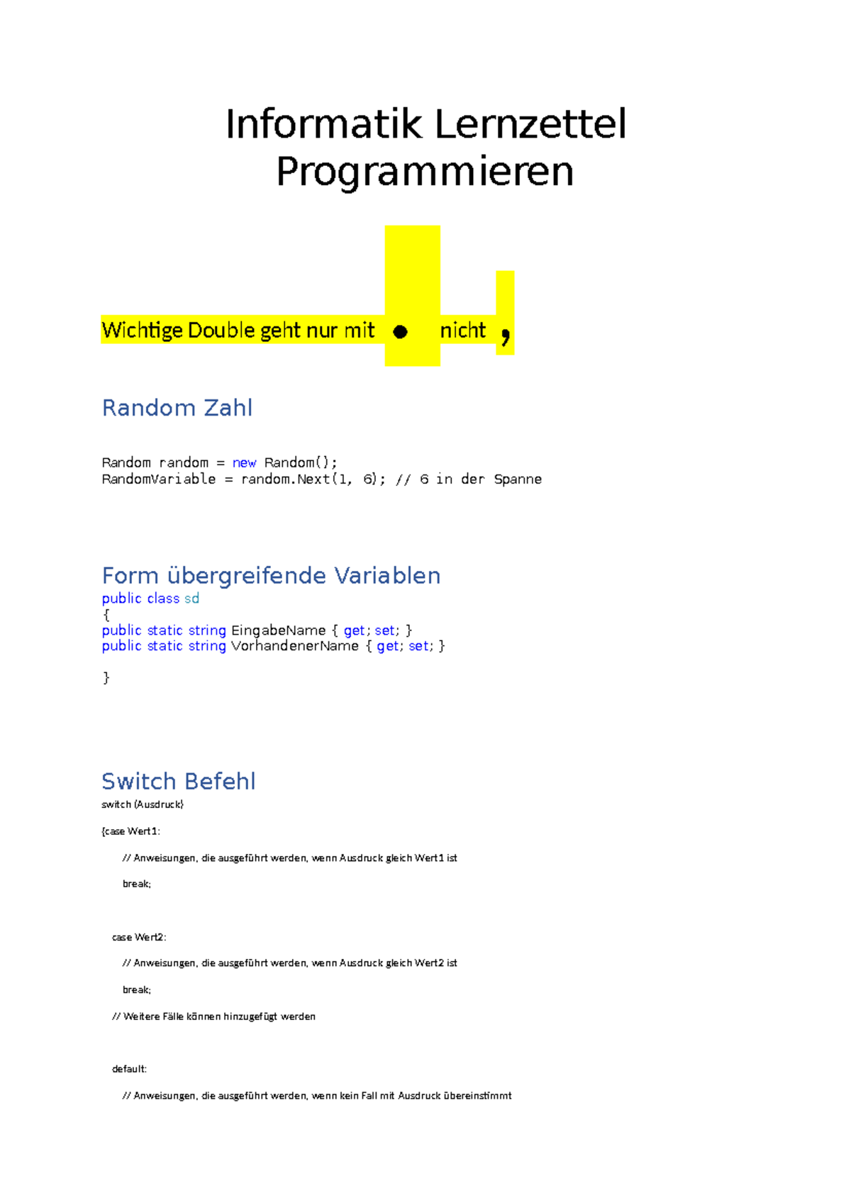 Informatik Lernzettel Programmieren C Sharp Basics - Informatik Lernzettel Programmieren ...