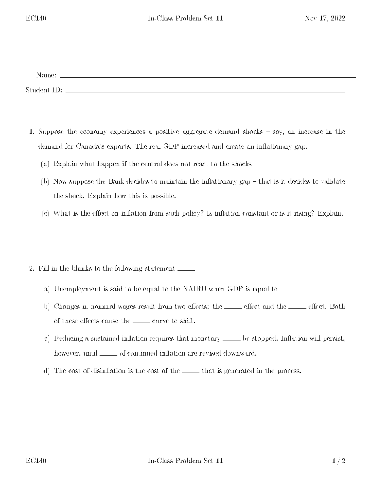 EC 140 In-class Problem Set 11 - ♥ ss Pr♦ ♠ t ♦ ♠ t ♥t - Studocu