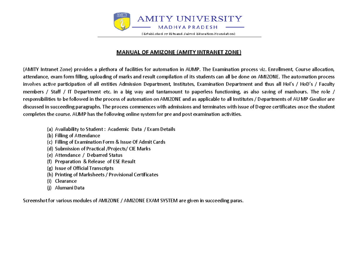Manual of amizone software - MANUAL OF AMIZONE (AMITY INTRANET ZONE ...