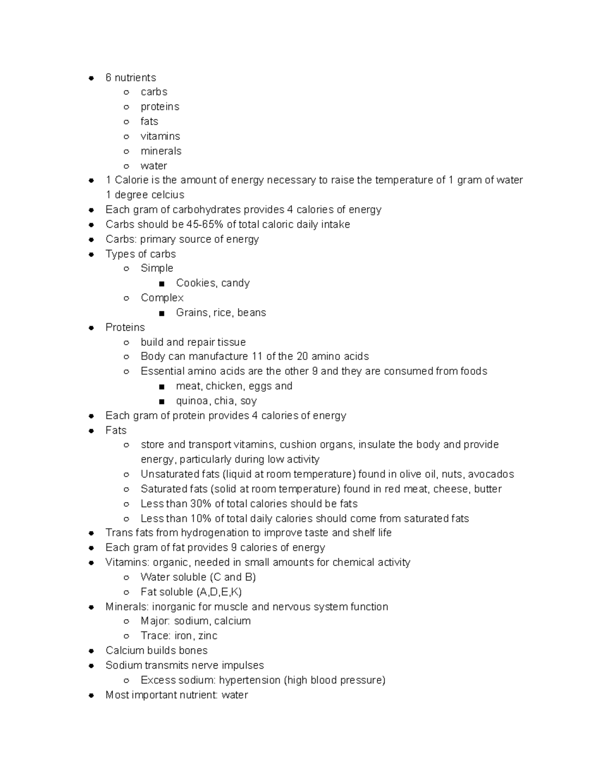 Nutrition Quiz Study Guide - 6 nutrients carbs proteins fats vitamins ...