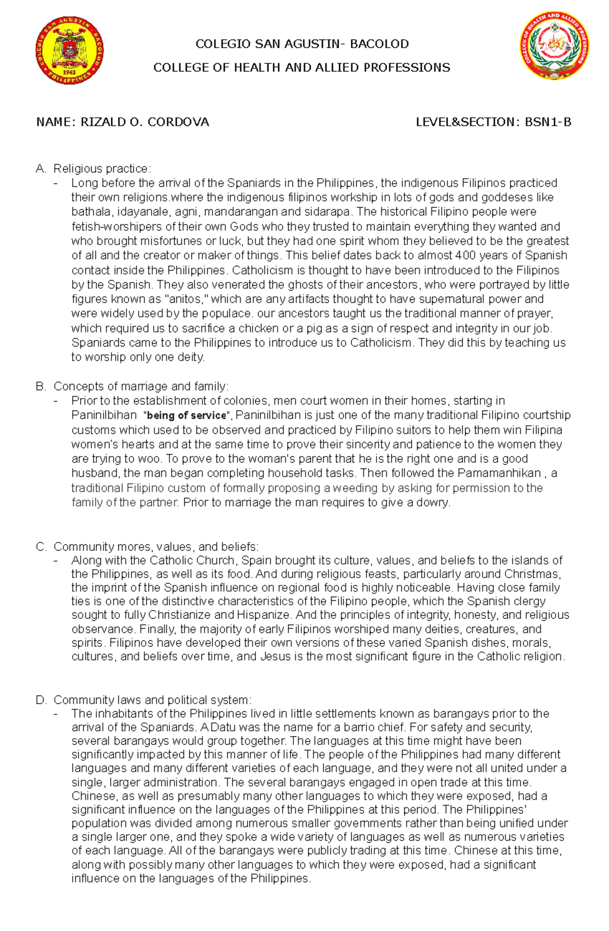 Customs of the Tagalog - COLEGIO SAN AGUSTIN- BACOLOD COLLEGE OF HEALTH ...