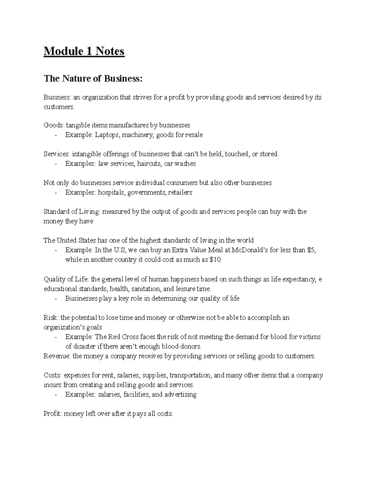 Intro to Business Module 1 page 1 - Module 1 Notes The Nature of ...