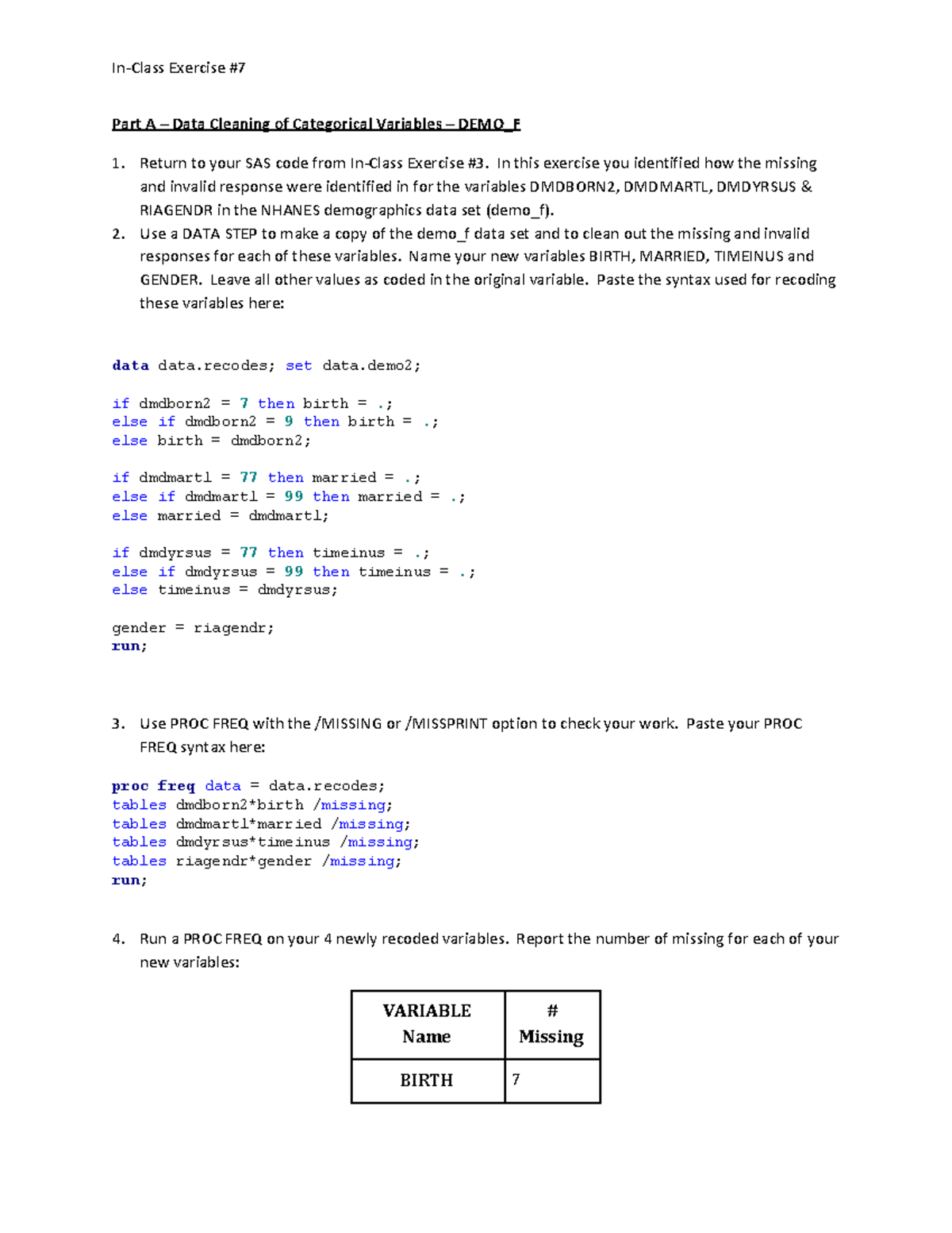 In Class Exercise #7 - Part A – Data Cleaning of Categorical Variables ...