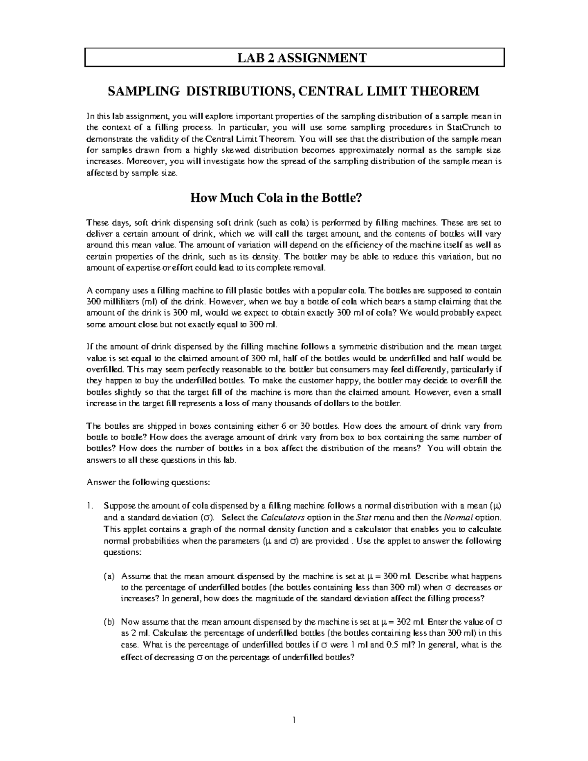 Asg2 - Stat 151 Lab Assignment Winter2019 - LAB 2 ASSIGNMENT SAMPLING DISTRIBUTIONS, CENTRAL ...