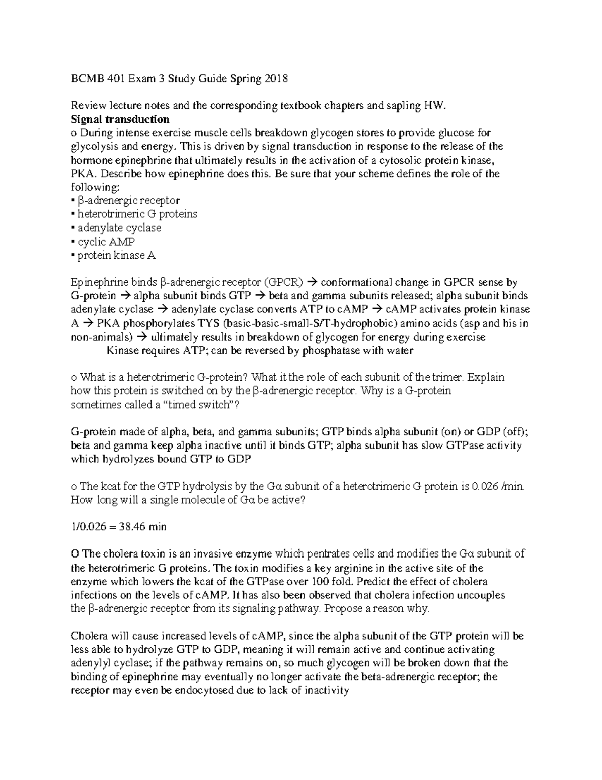Biochem Exam 3 Study Guide - BCMB 401 Exam 3 Study Guide Spring 2018 ...