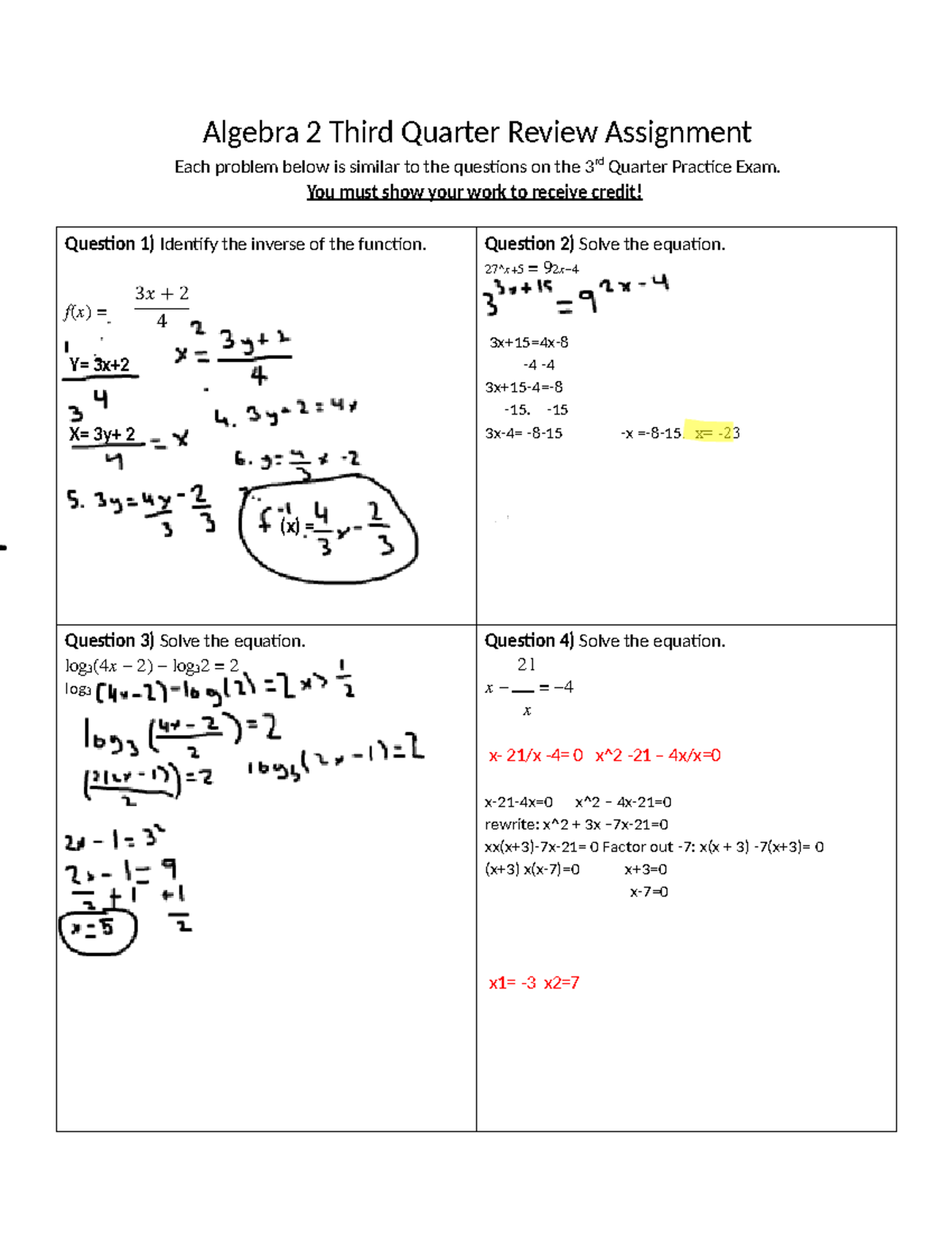 Alegbra review 33343 - Algebra 2 Third Quarter Review Assignment Each ...