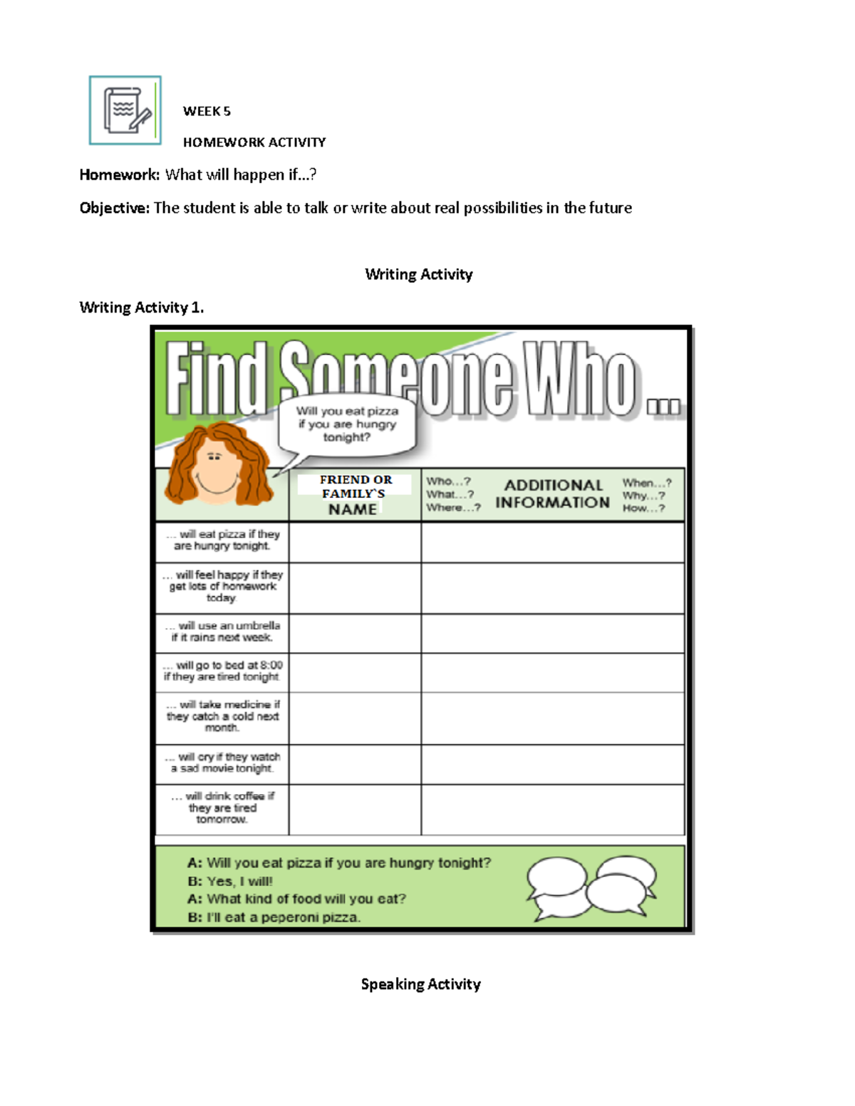 WEEK 5 - Homework - ingles - WEEK 5 HOMEWORK ACTIVITY Homework: What will happen if ...