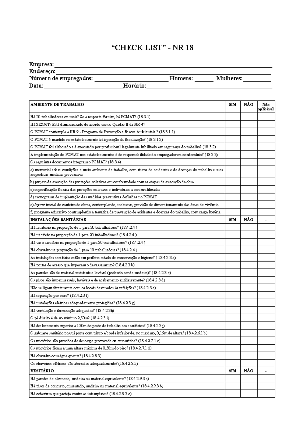 Checklist nr18-completo - “CHECK LIST” - NR 18 - Studocu