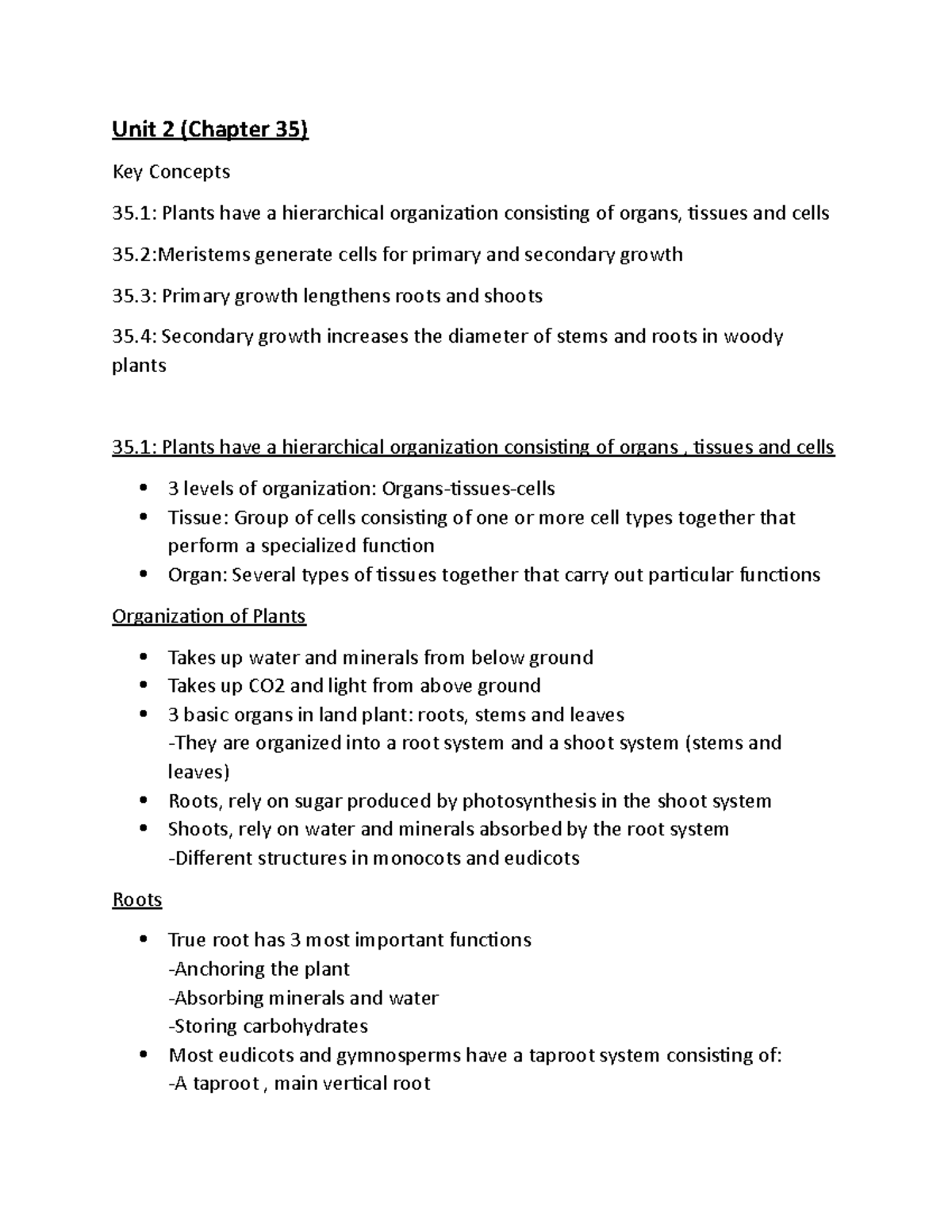 Unit 2 bio notes - Unit 2 (Chapter 35) Key Concepts 35: Plants have a ...