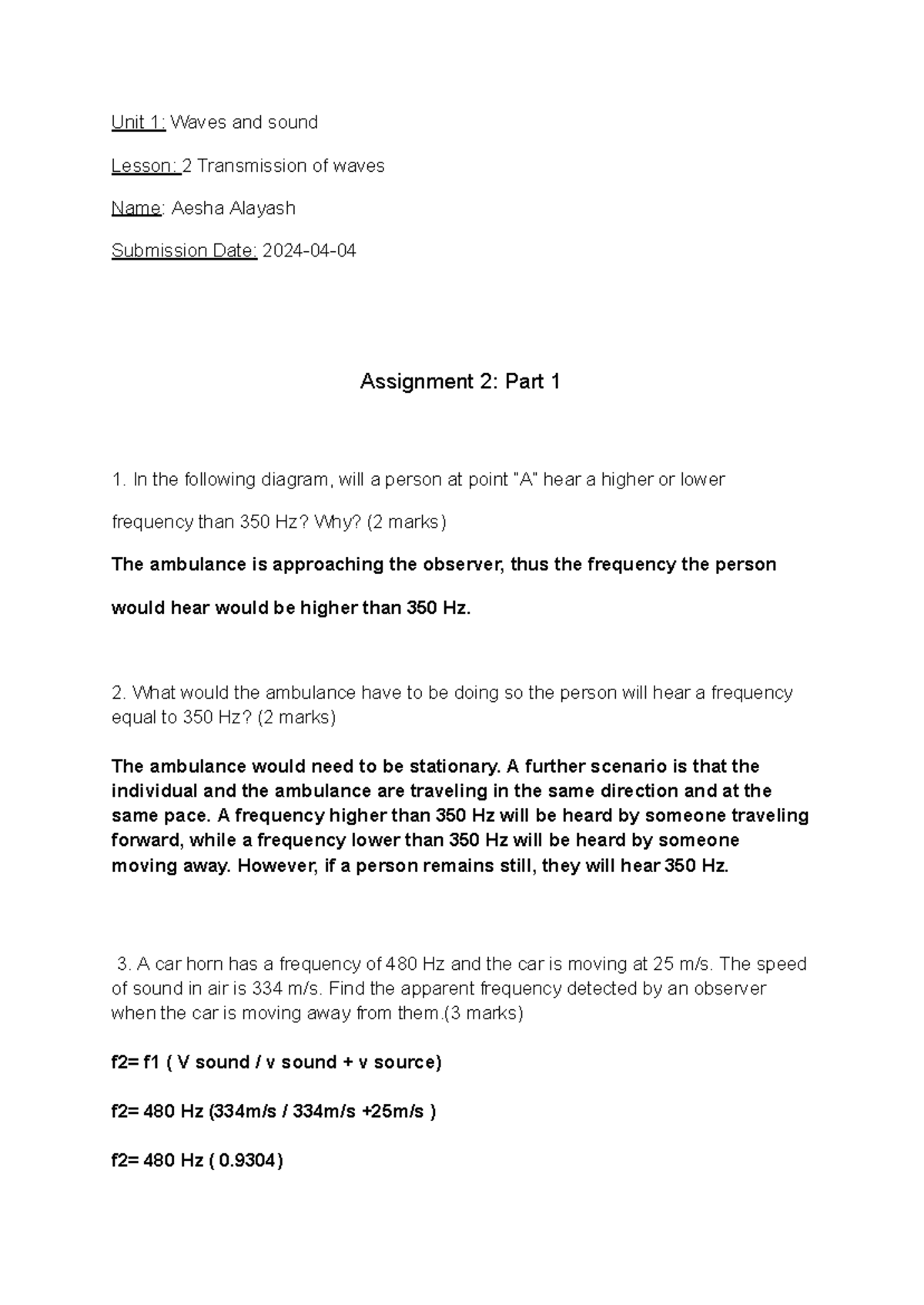 Unit 1 Waves and sound Assignment 2 Part 1 - Unit 1: Waves and sound Lesson: 2 Transmission of ...