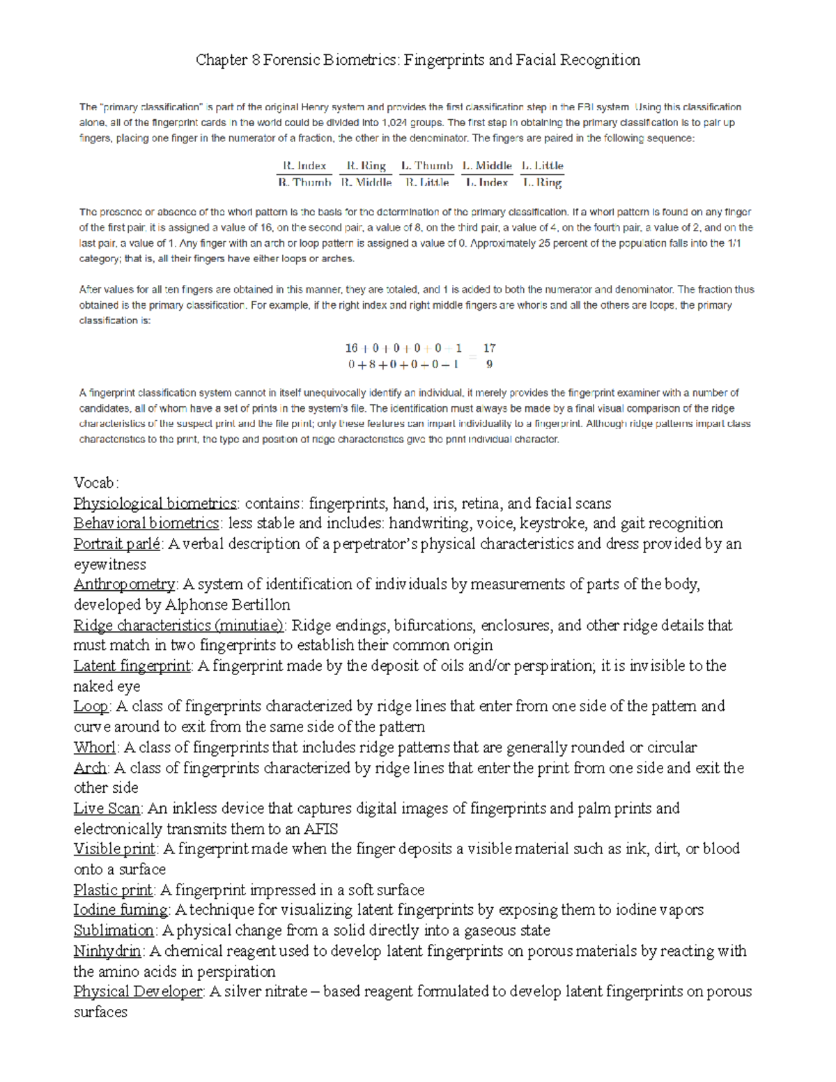 Chapter 8 Forensic Biometrics Notes - Chapter 8 Forensic Biometrics ...