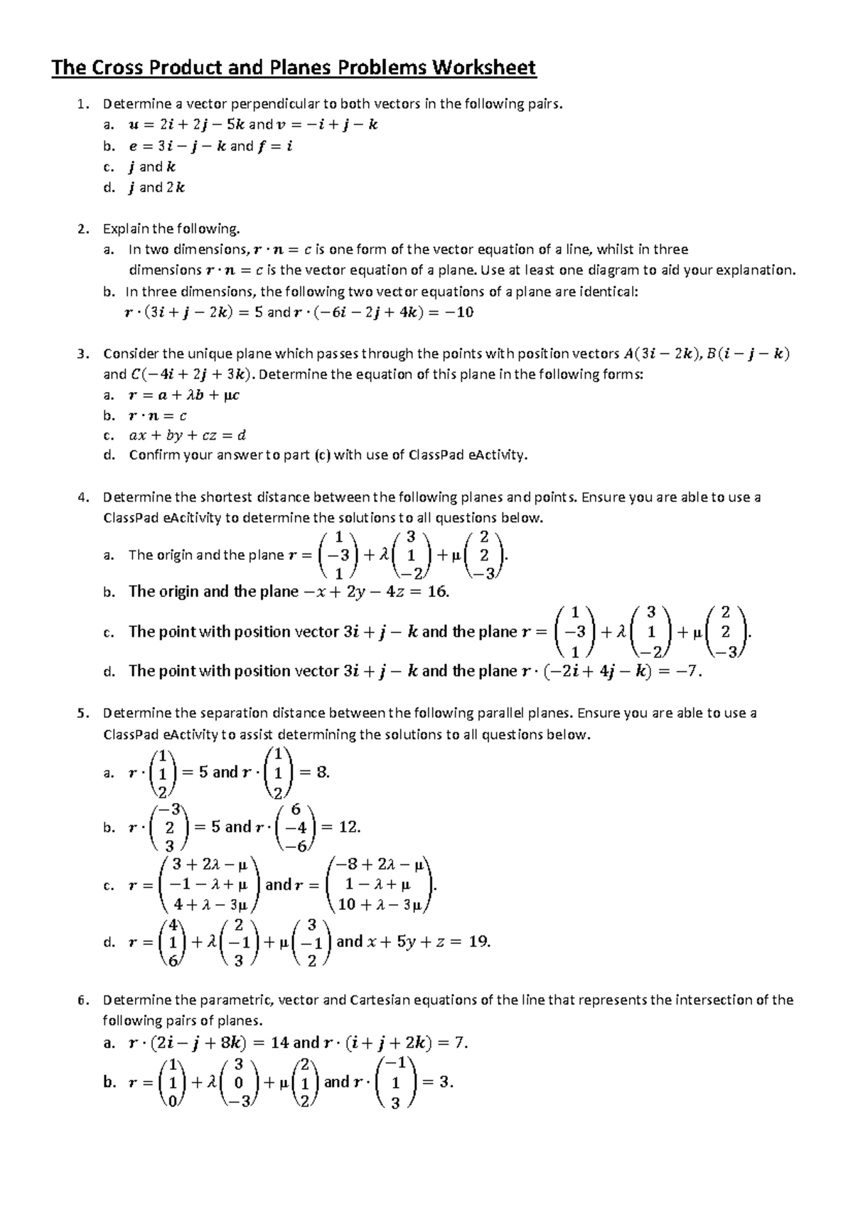 The Cross Product and Planes Worksheets - The Cross Product and Planes ...