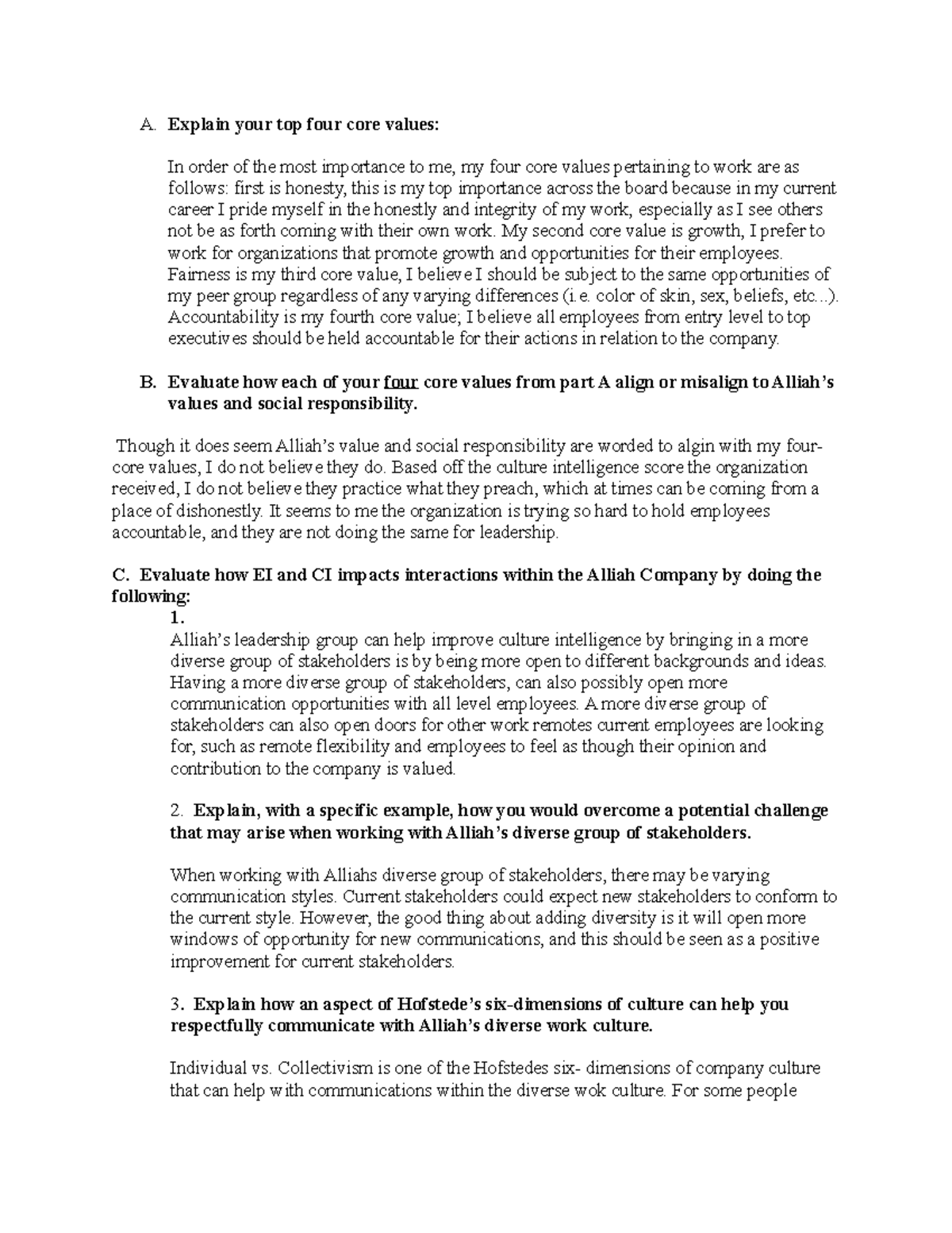 D082 Task 2 - Peformance Assessments - A. Explain your top four core ...