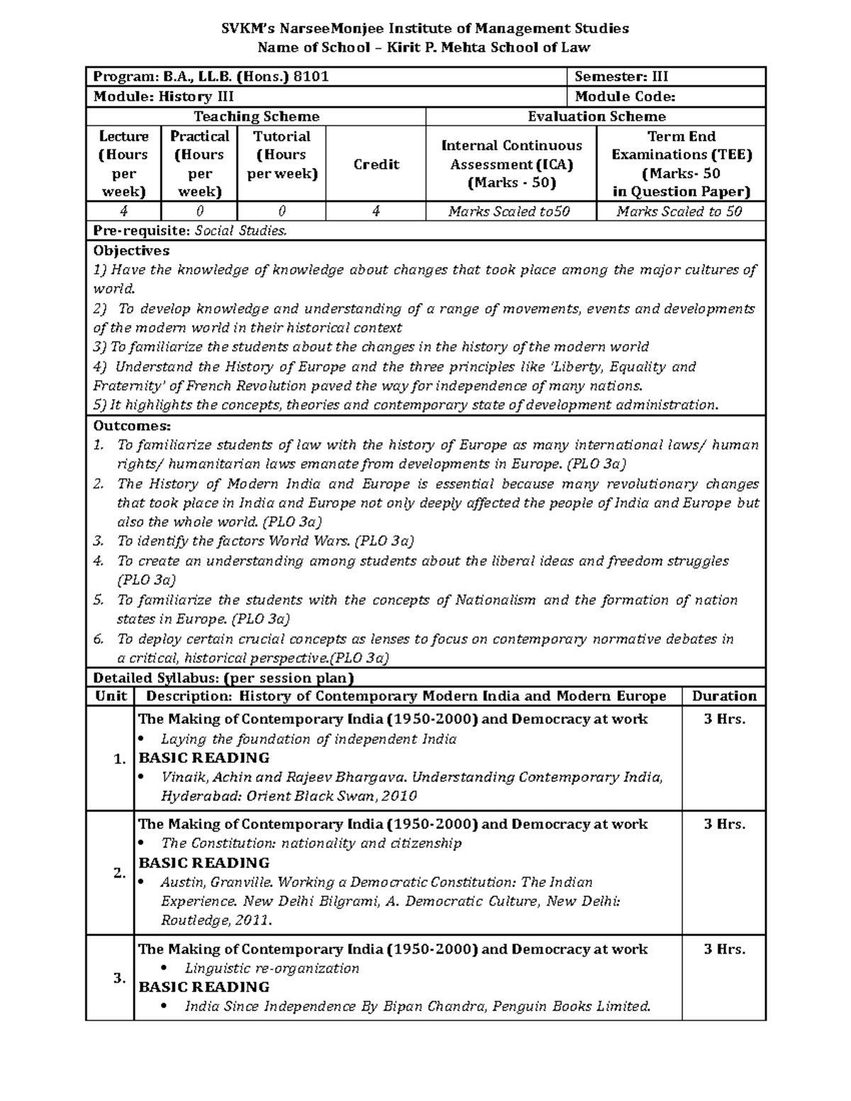 Course Outlines Sem III History III - Program: B., LL. (Hons.) 8101 ...