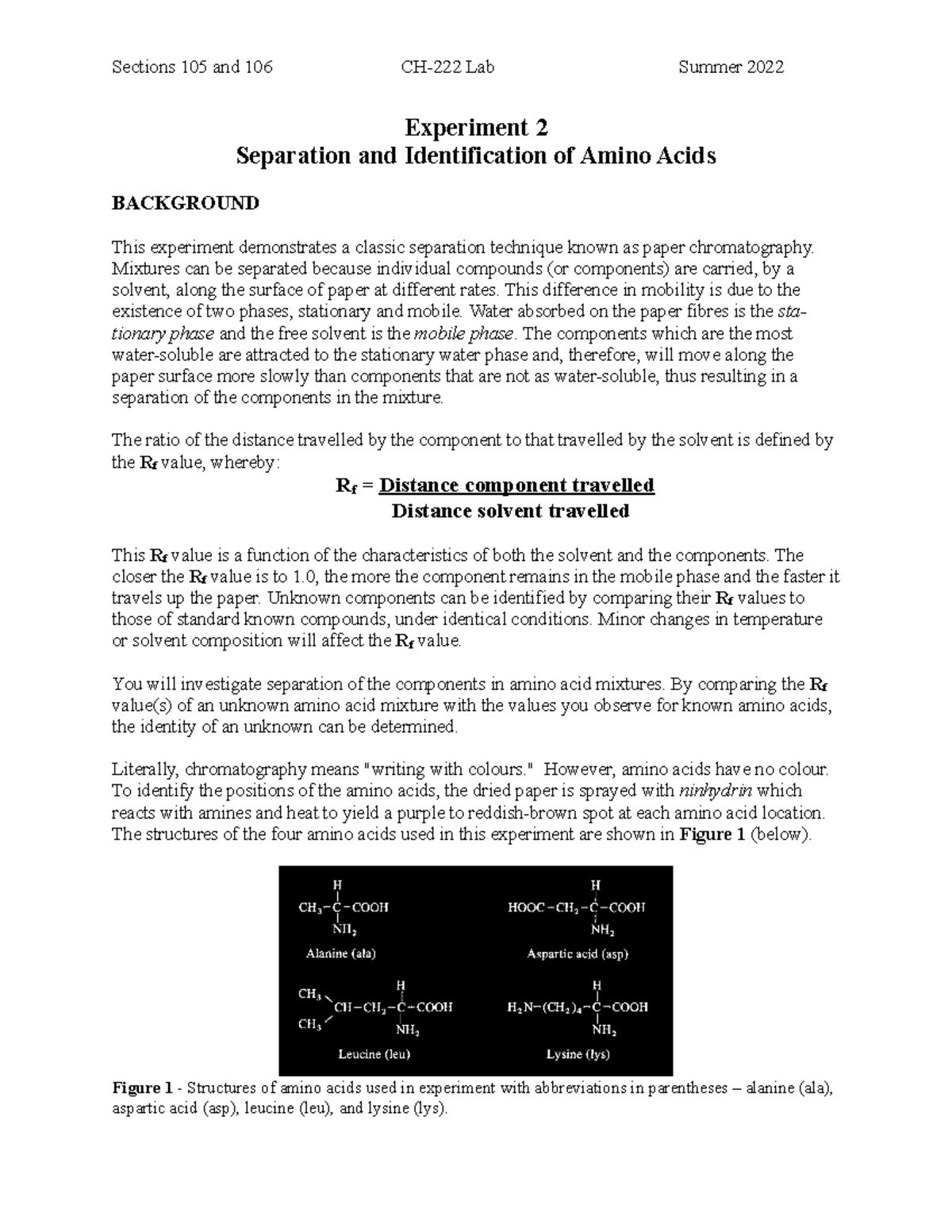 Biochem experiments - Sections 105 and 106 CH-222 Lab Summer 2022 Experiment 2 Separation and ...