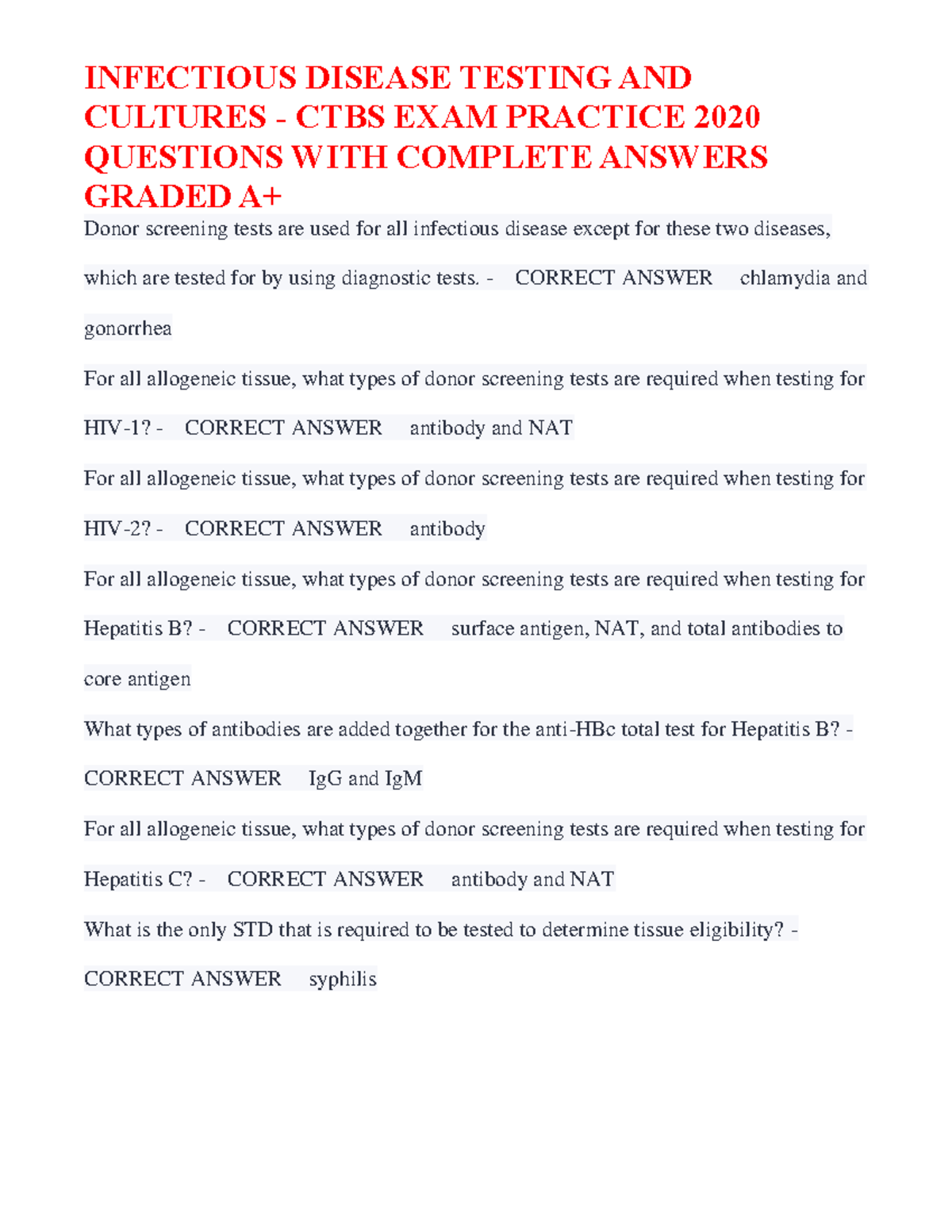 Infectious Disease Testing AND Cultures - CTBS EXAM Practice 2020 ...