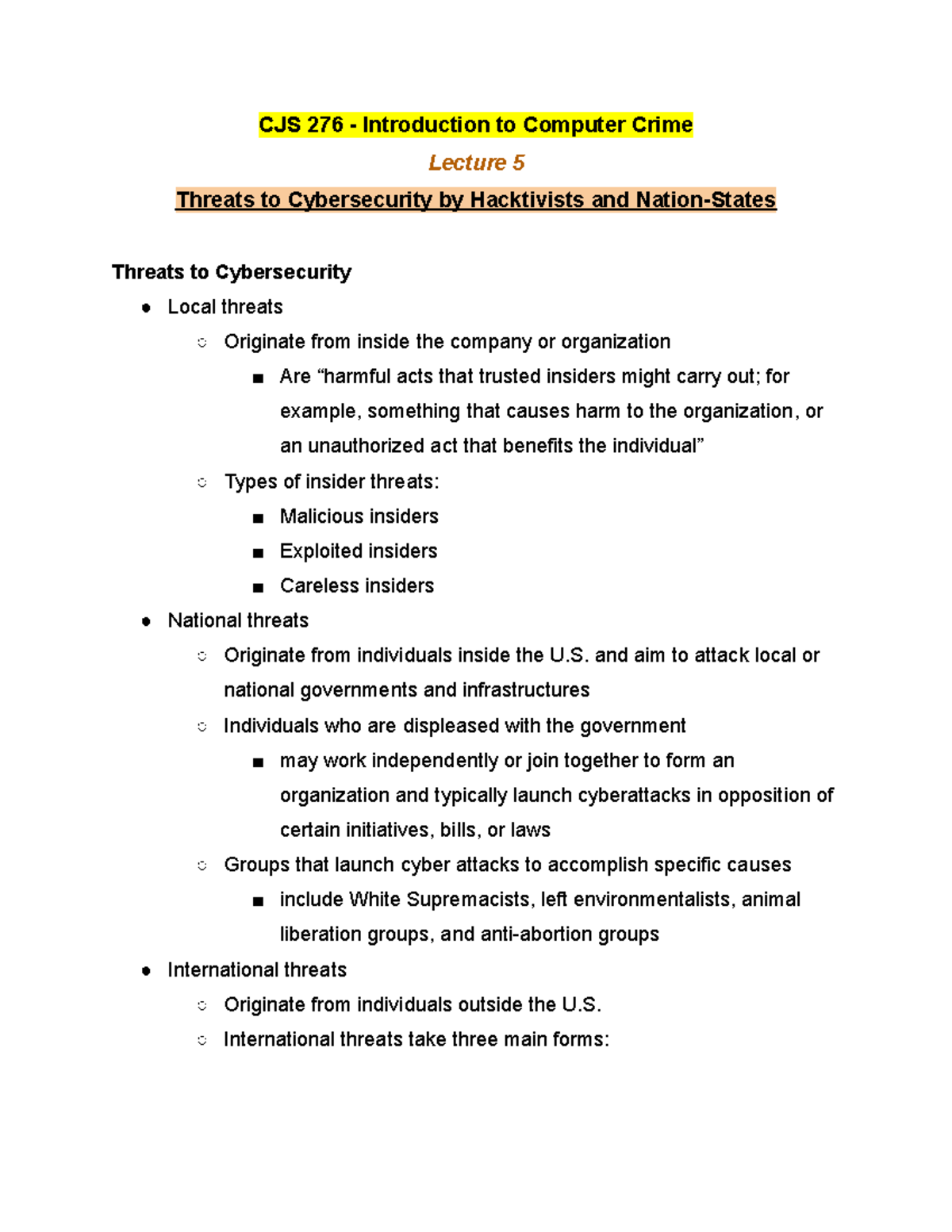 Cjs 276 Lecture 5 Spring 2020 Cjs 276 Introduction To Computer Crime Lecture 5 Threats To