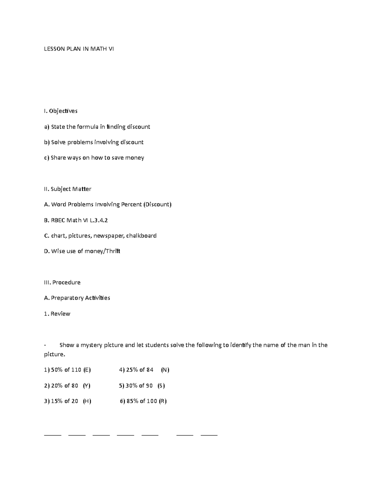 Lesson PLAN sample for a certain subject. - LESSON PLAN IN MATH VI I ...