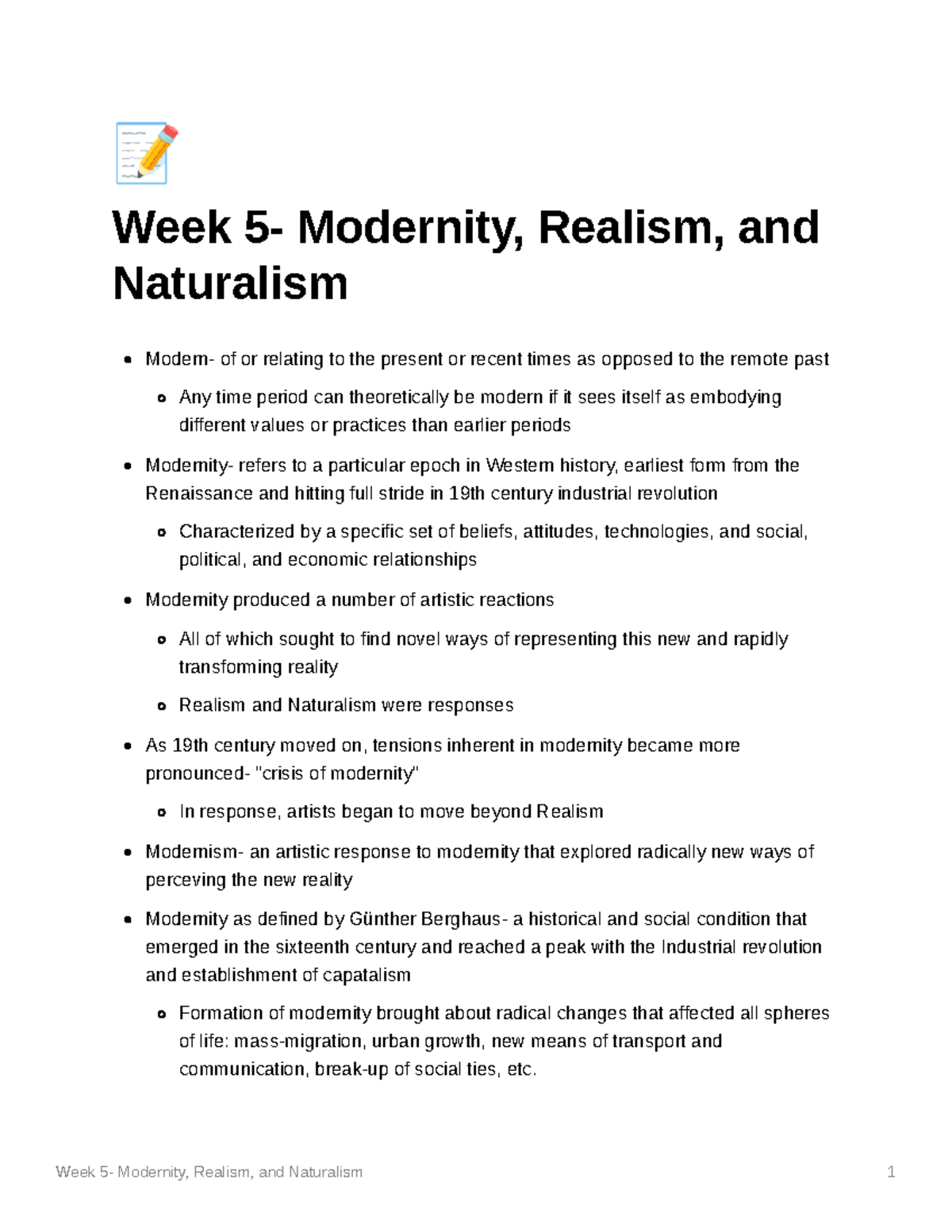 Week 5- Modernity Realism and Naturalism - 📝 Week 5- Modernity, Realism ...