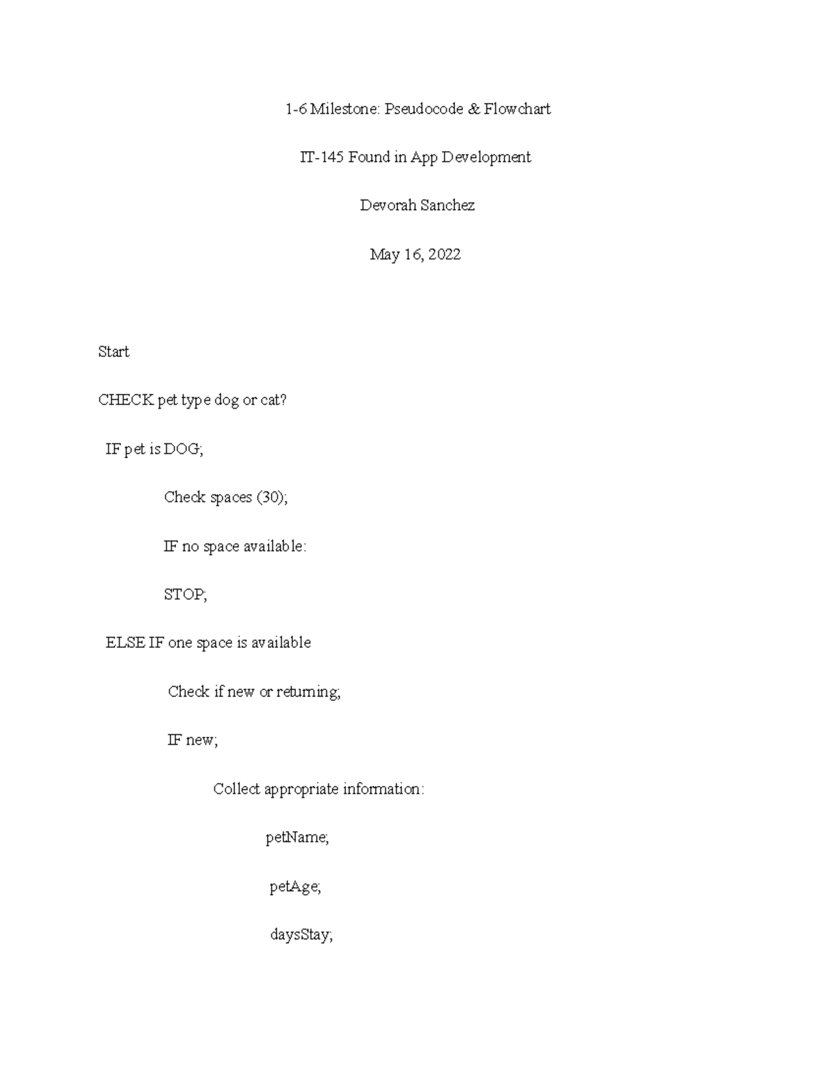 IT 145 Mod 1 Module One Assignent 1 6 Milestone Pseudocode