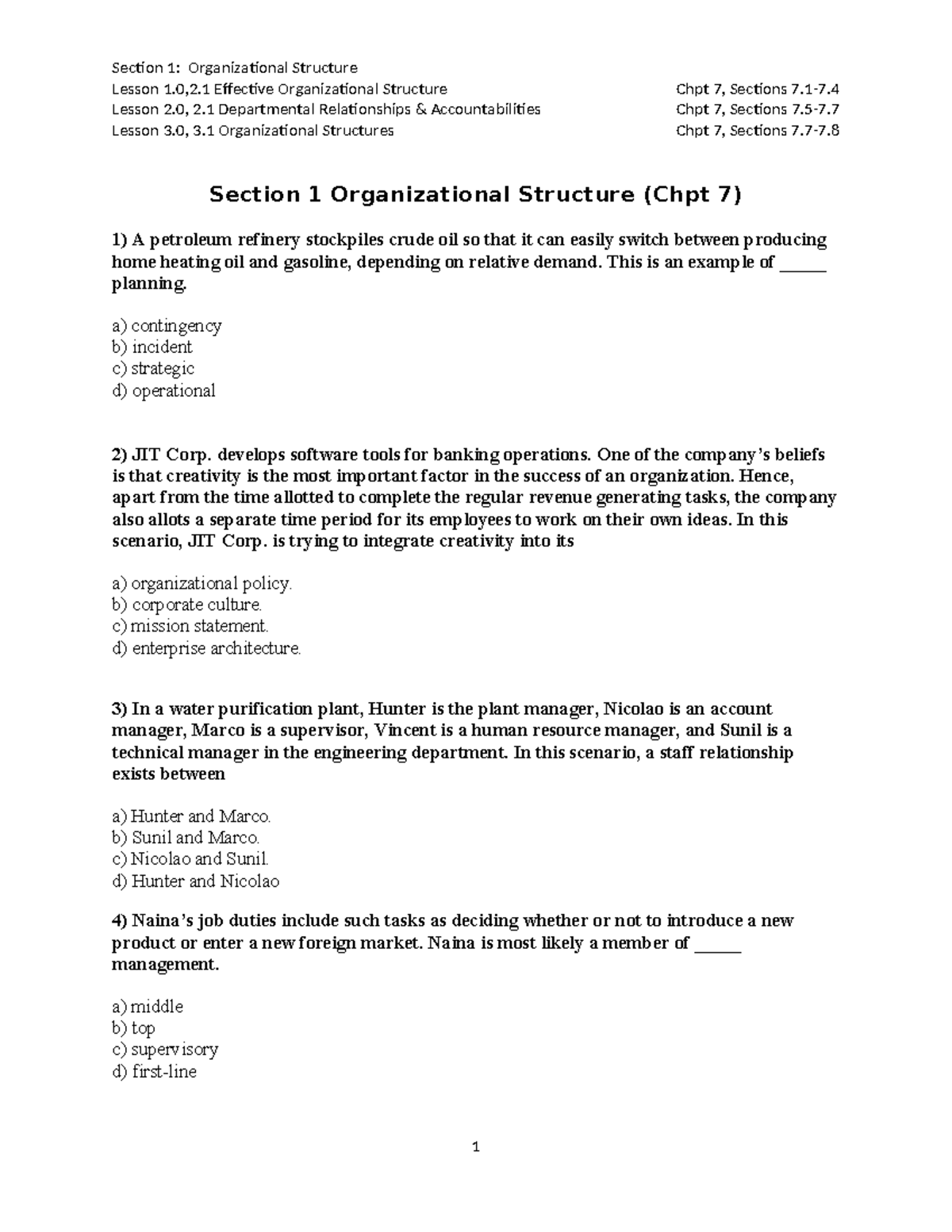 C201 Chapter 7 study questions - Lesson 1,2 Effective Organizational ...