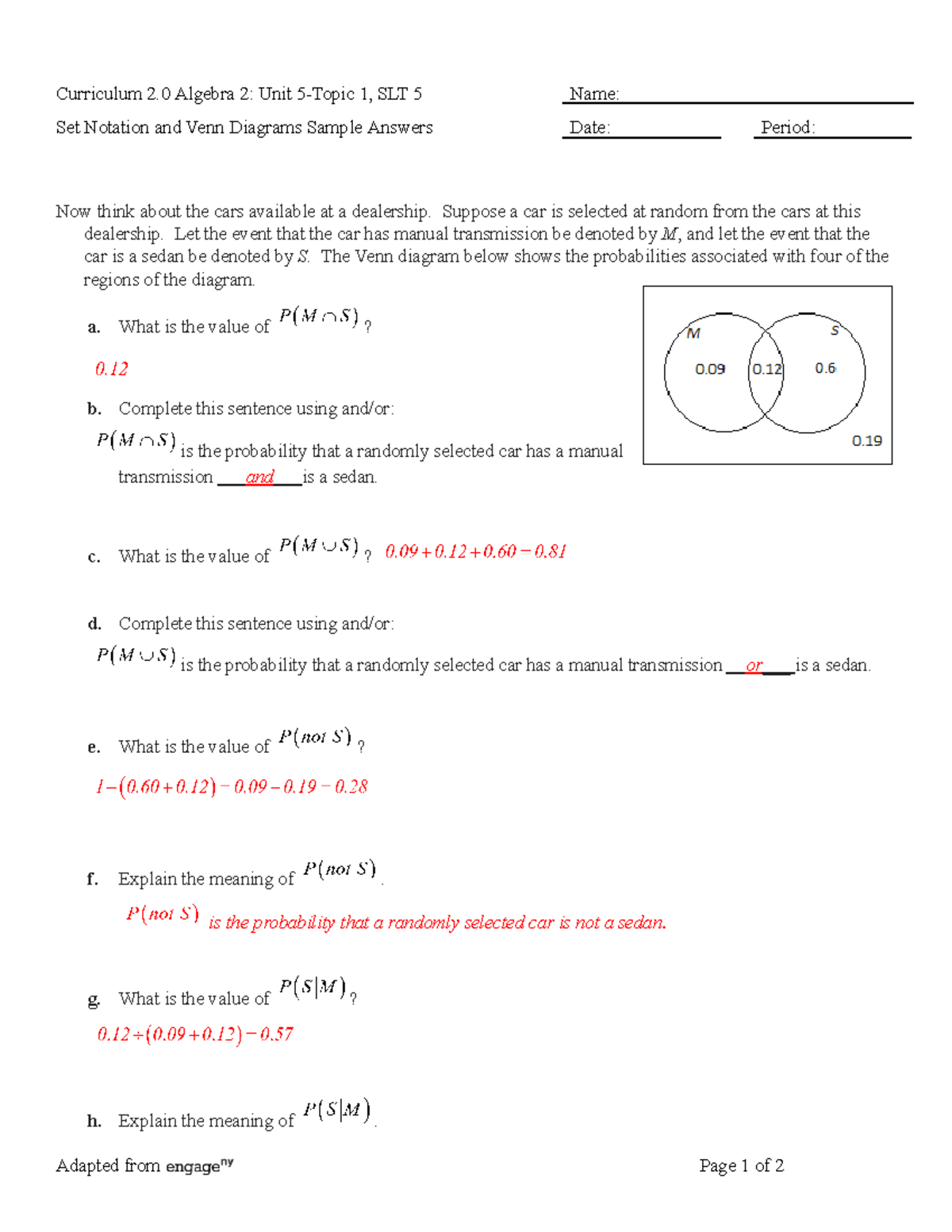 U5T1SLT5 Set Notation and Venn Diagrams Answers - Curriculum 2 Algebra ...