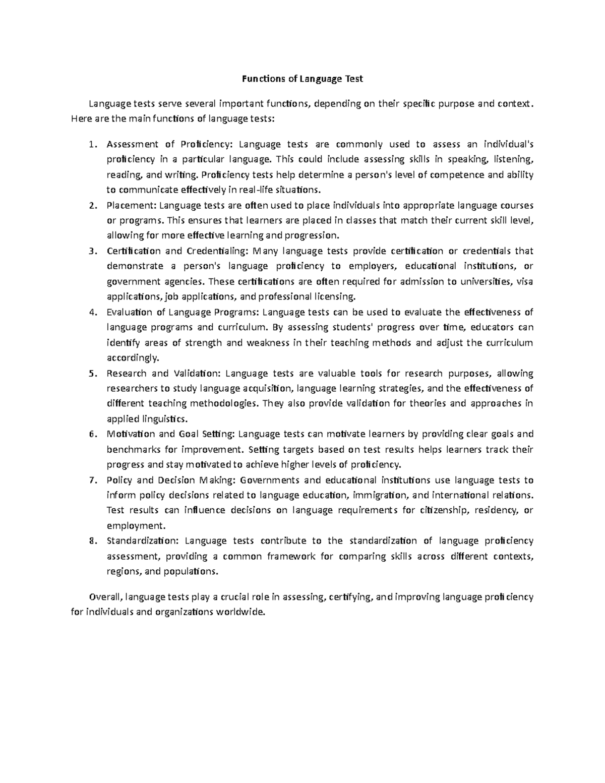 Functions of Language Test - Functions of Language Test Language tests ...