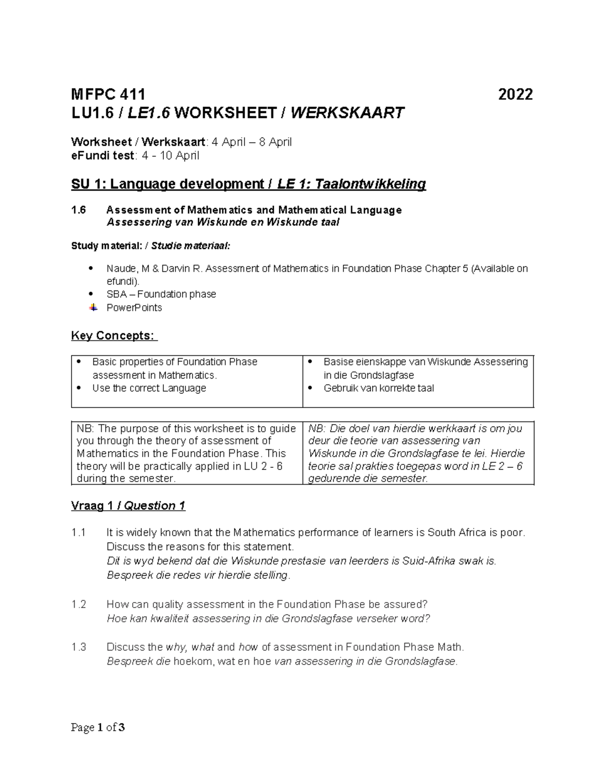 2022 - MFPC 411 - LU 1-6 Worksheet Final - MFPC 411 2022 LU1 / LE1 ...