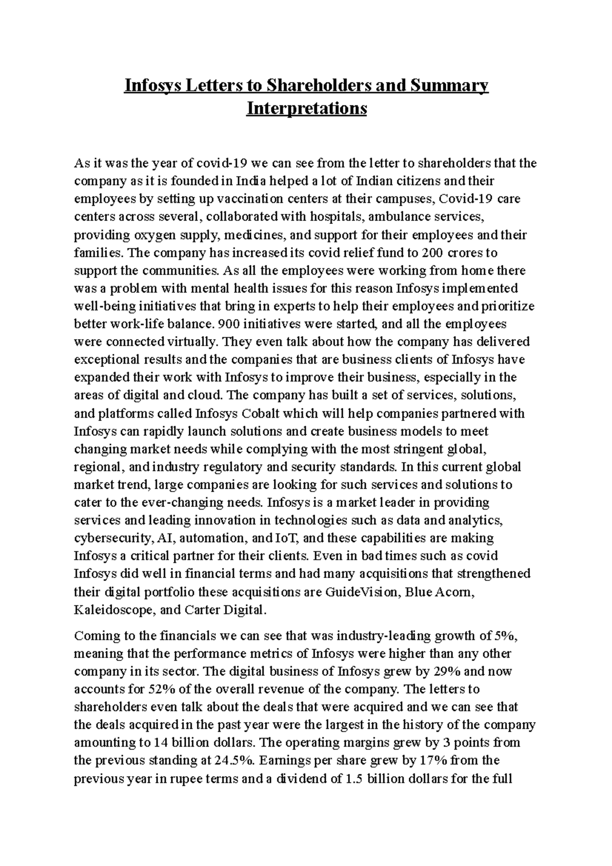 Infosys Letters to Shareholders and Summary Interpretations - The ...