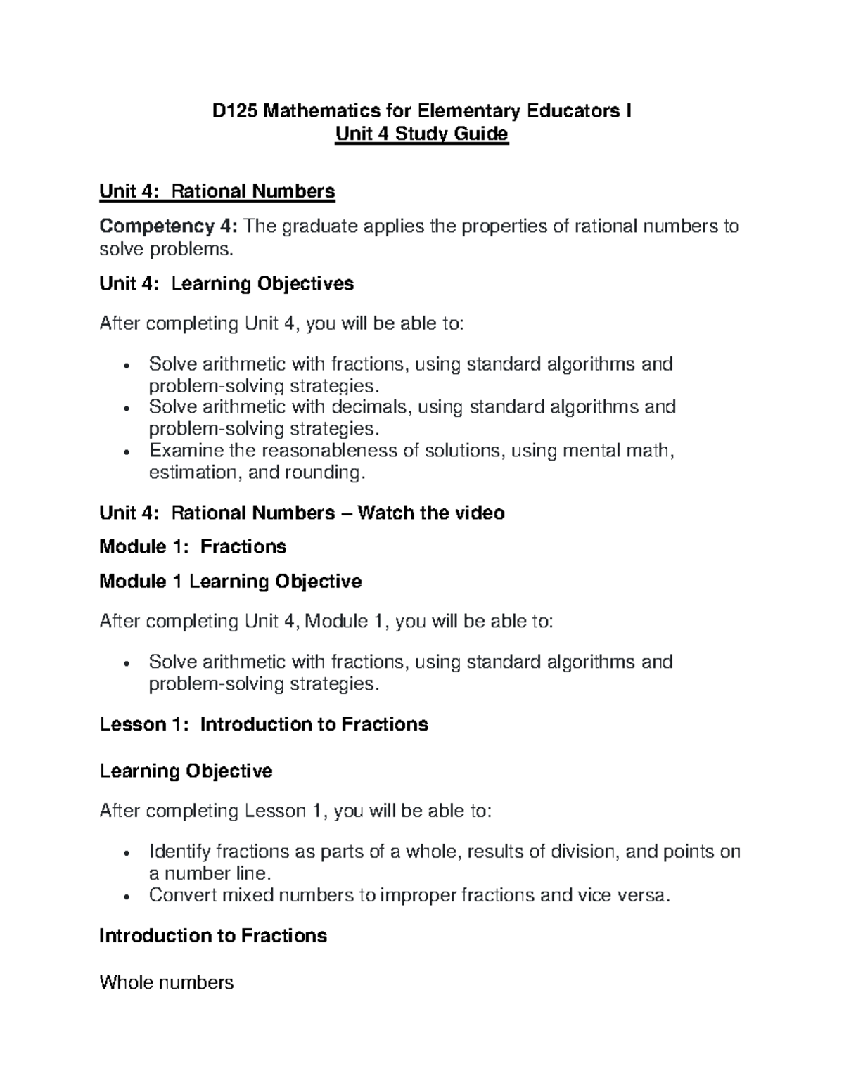 D125 Unit 4 Study Guide - D12 5 Mathematics for Elementary Educators I ...