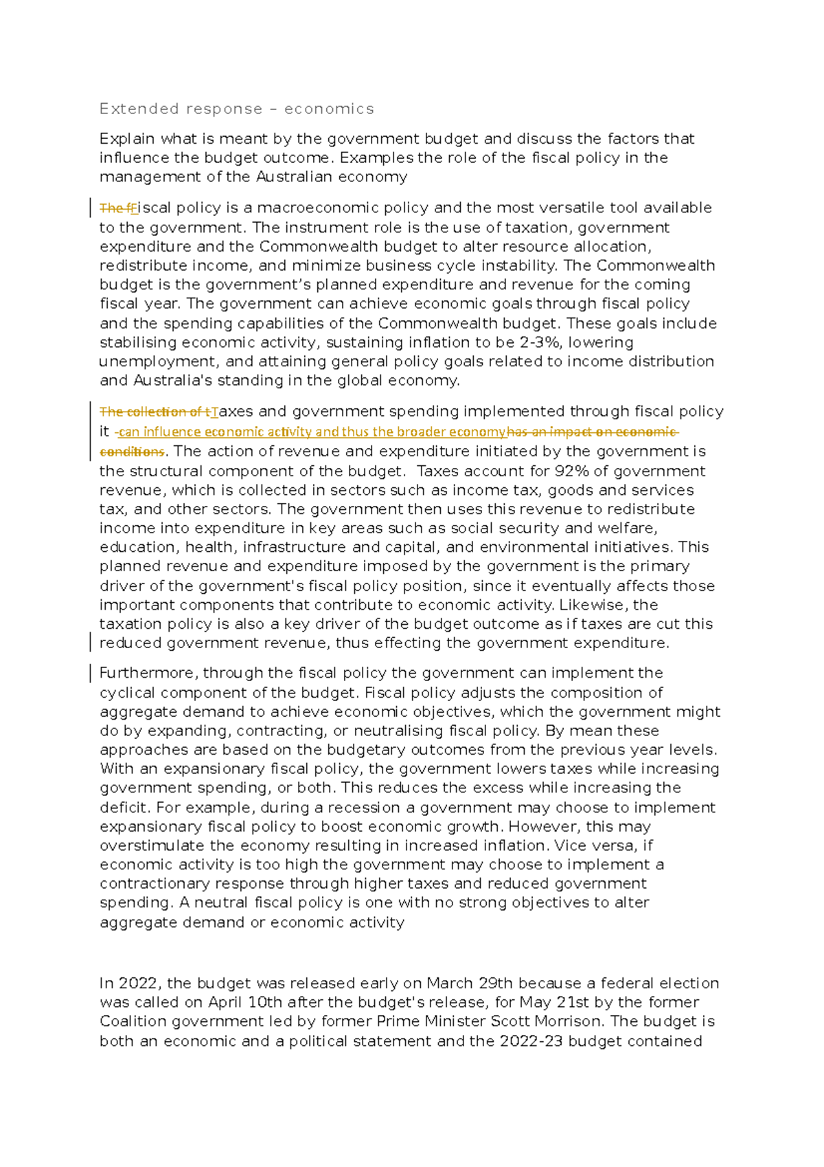 Econmics - Fiscal policy + Commonwealth budget - Extended response ...