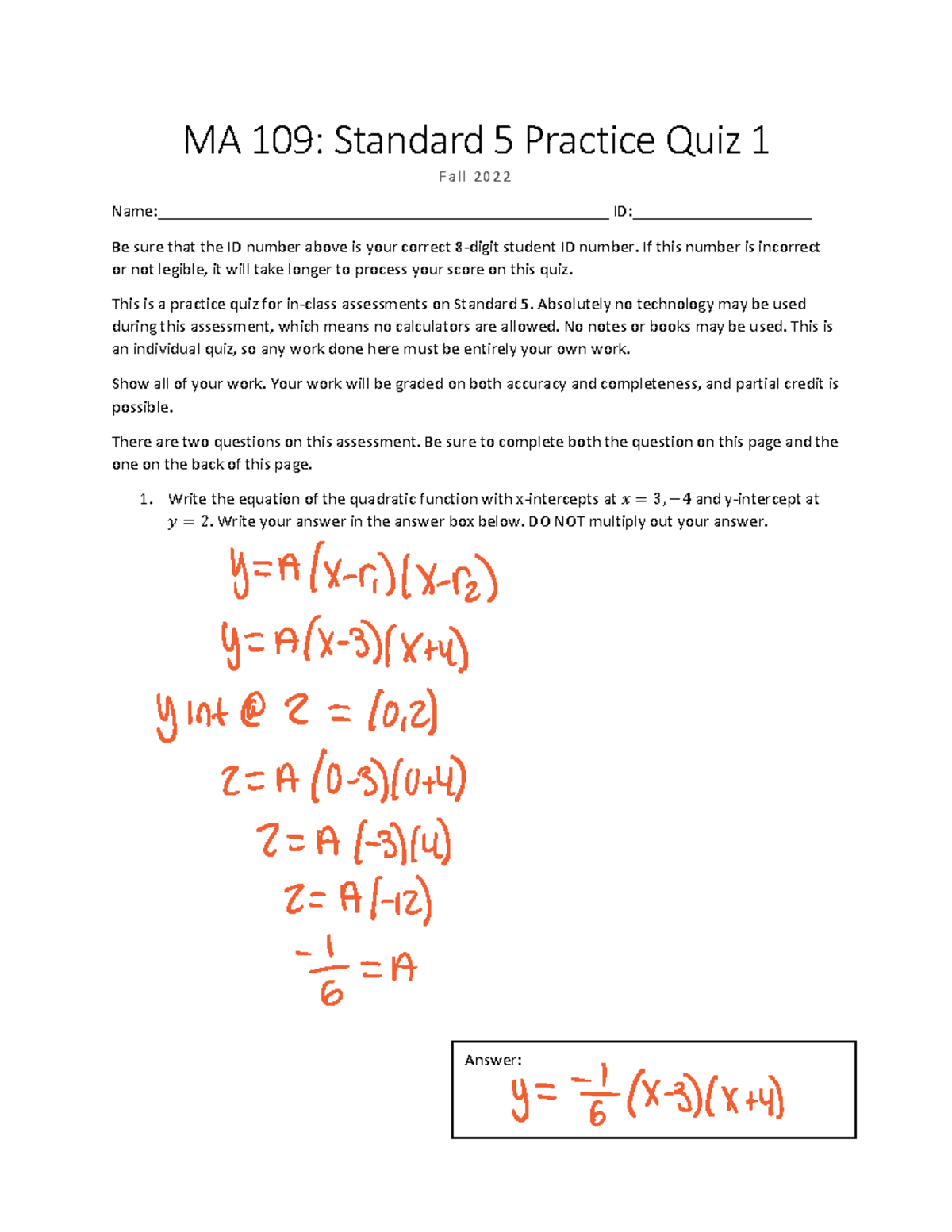 Standard 5- practice quizzes - MA 109: Standard 5 Practice Quiz 1 Fall ...