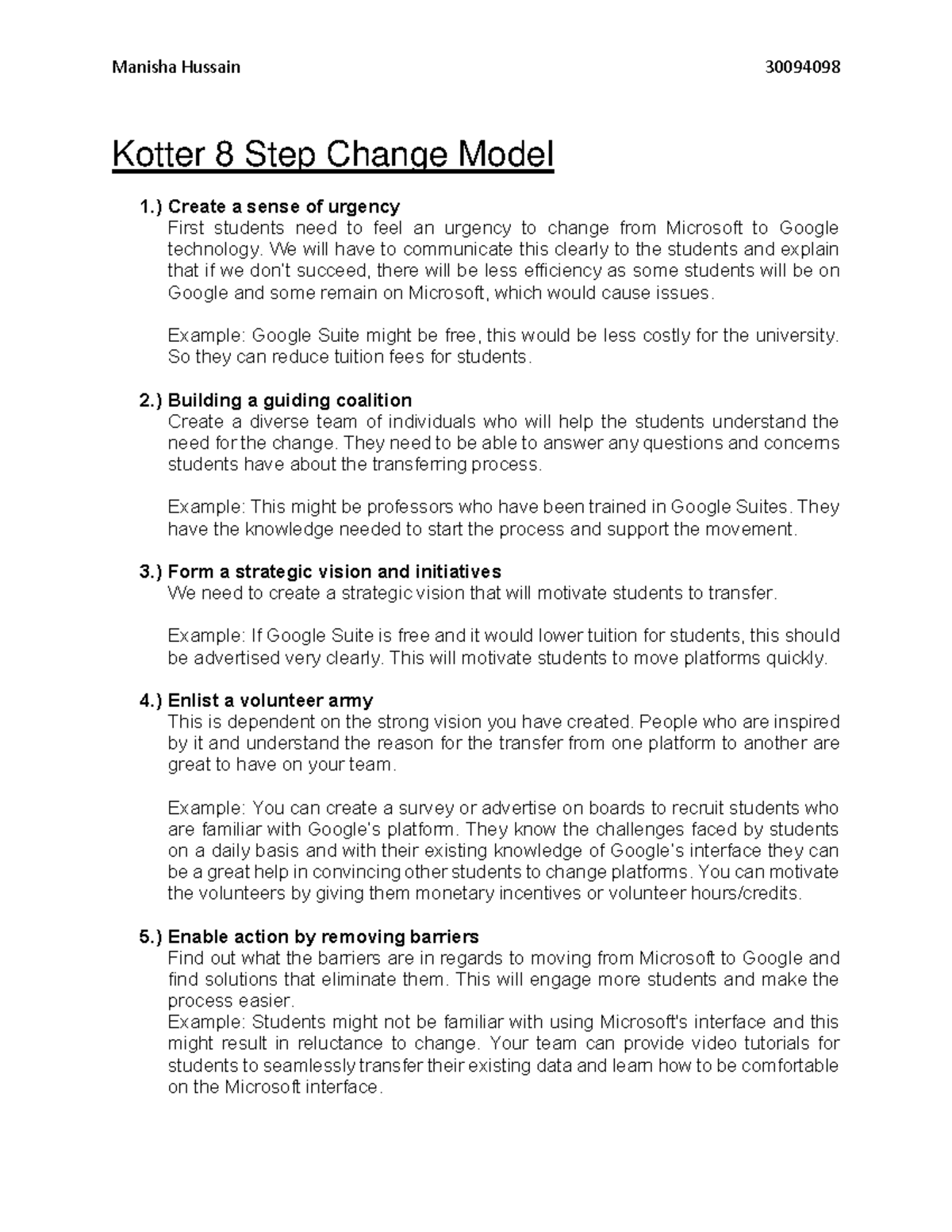 Kotter 8 Step Change Model BTMA 321 - Manisha Hussain 30094098 Kotter 8 ...