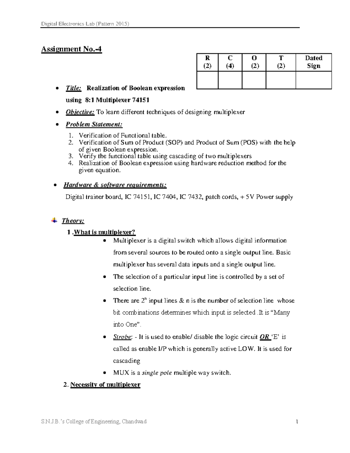 Realization of boolean expression for suitable combination logic using mux 74151 - Assignment No ...