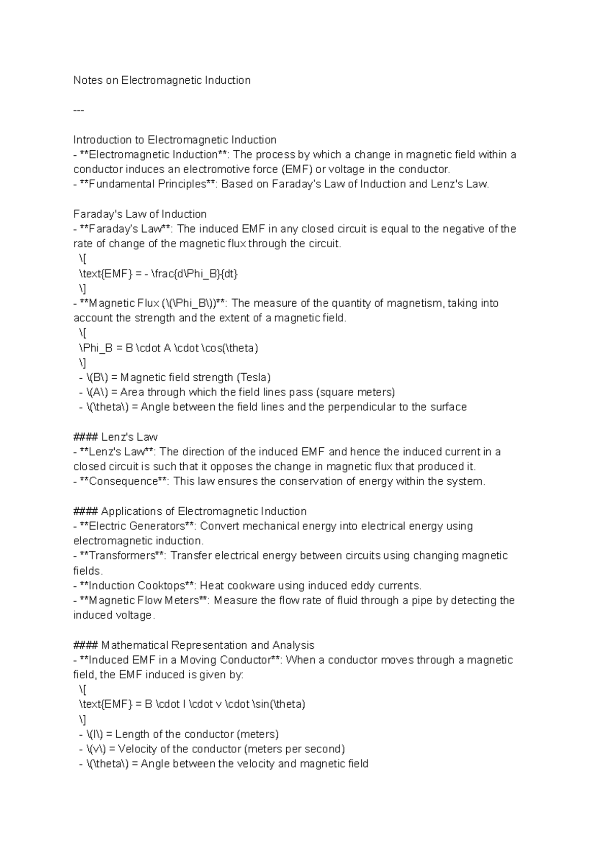 Em induction notes - Notes on Electromagnetic Induction Introduction to ...