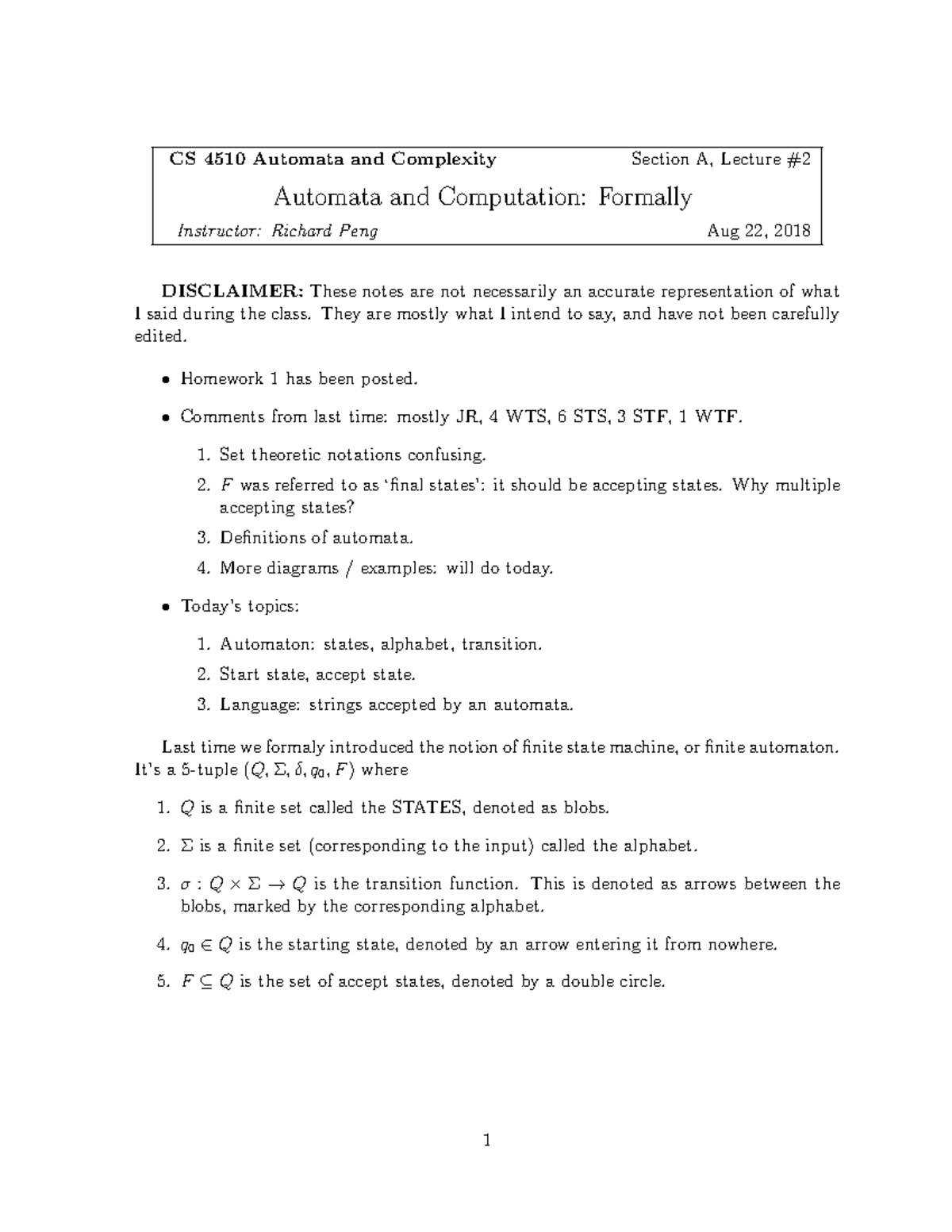 Fa18 Aug22 Automata Class Notes Cs 4510 Automata And Complexity Section A Lecture