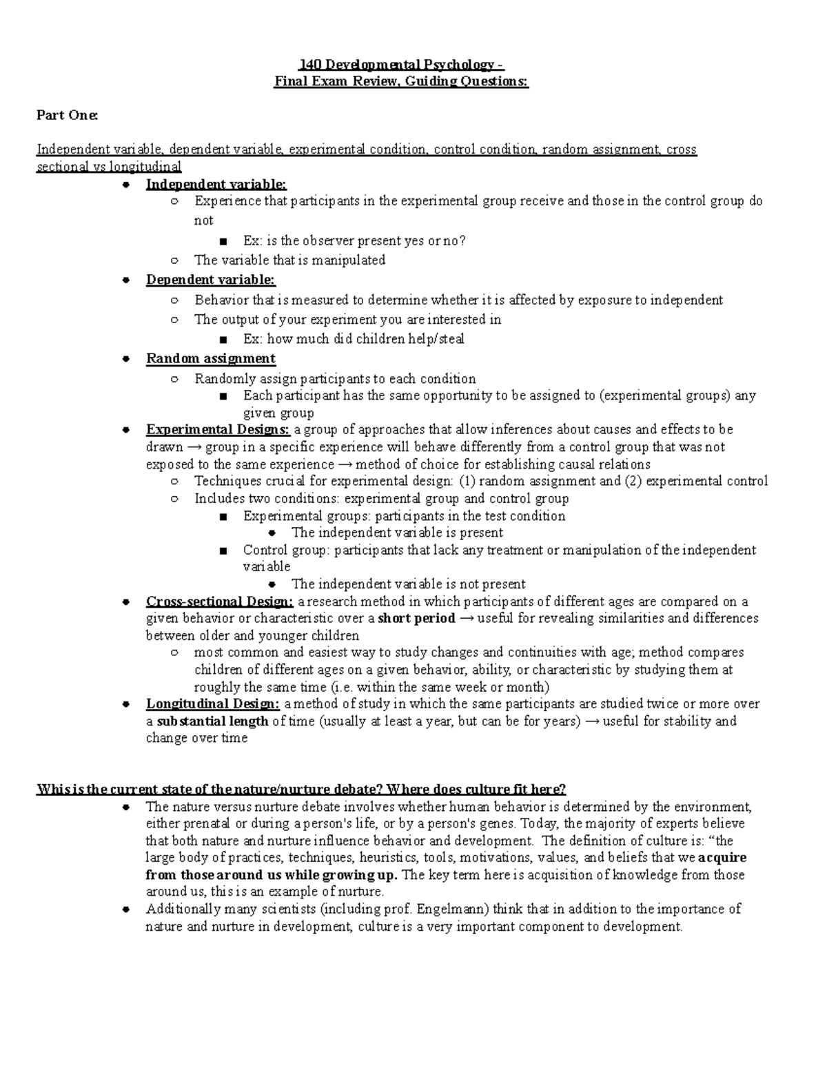 Study Guide Final Exam Review - Psych 140 - 140 Developmental ...