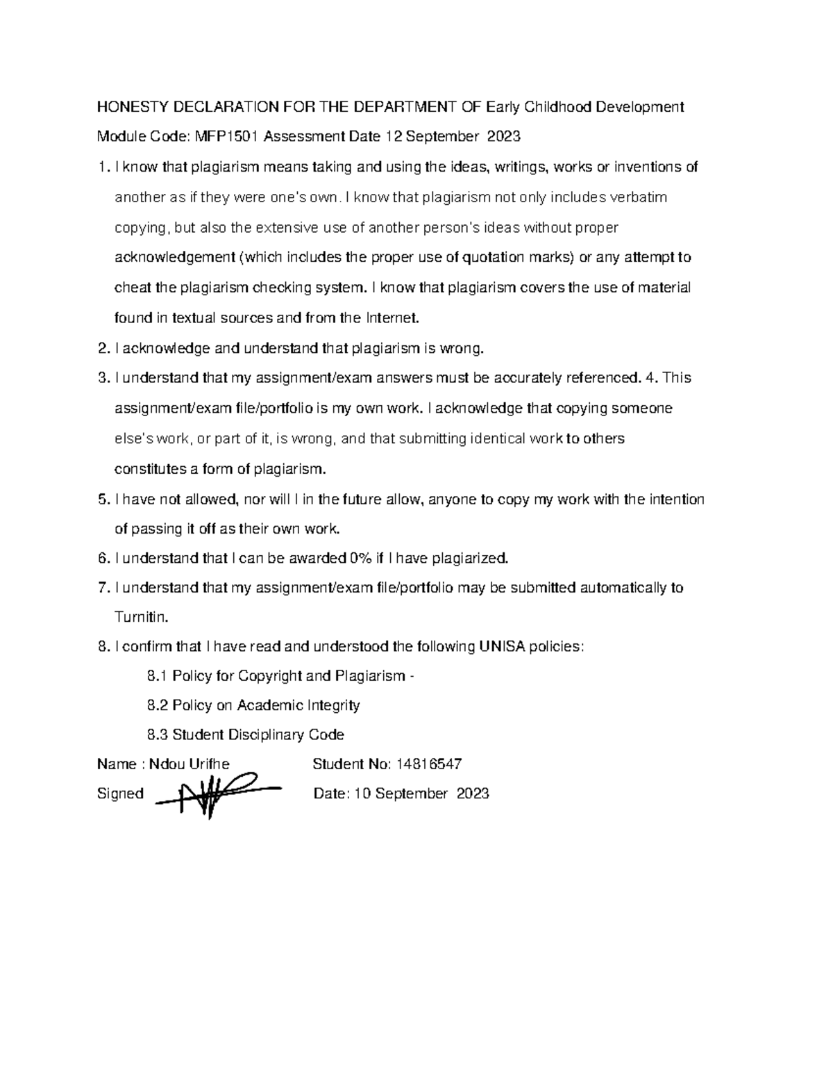 Mfpdd - Assignment - HONESTY DECLARATION FOR THE DEPARTMENT OF Early Childhood Development ...