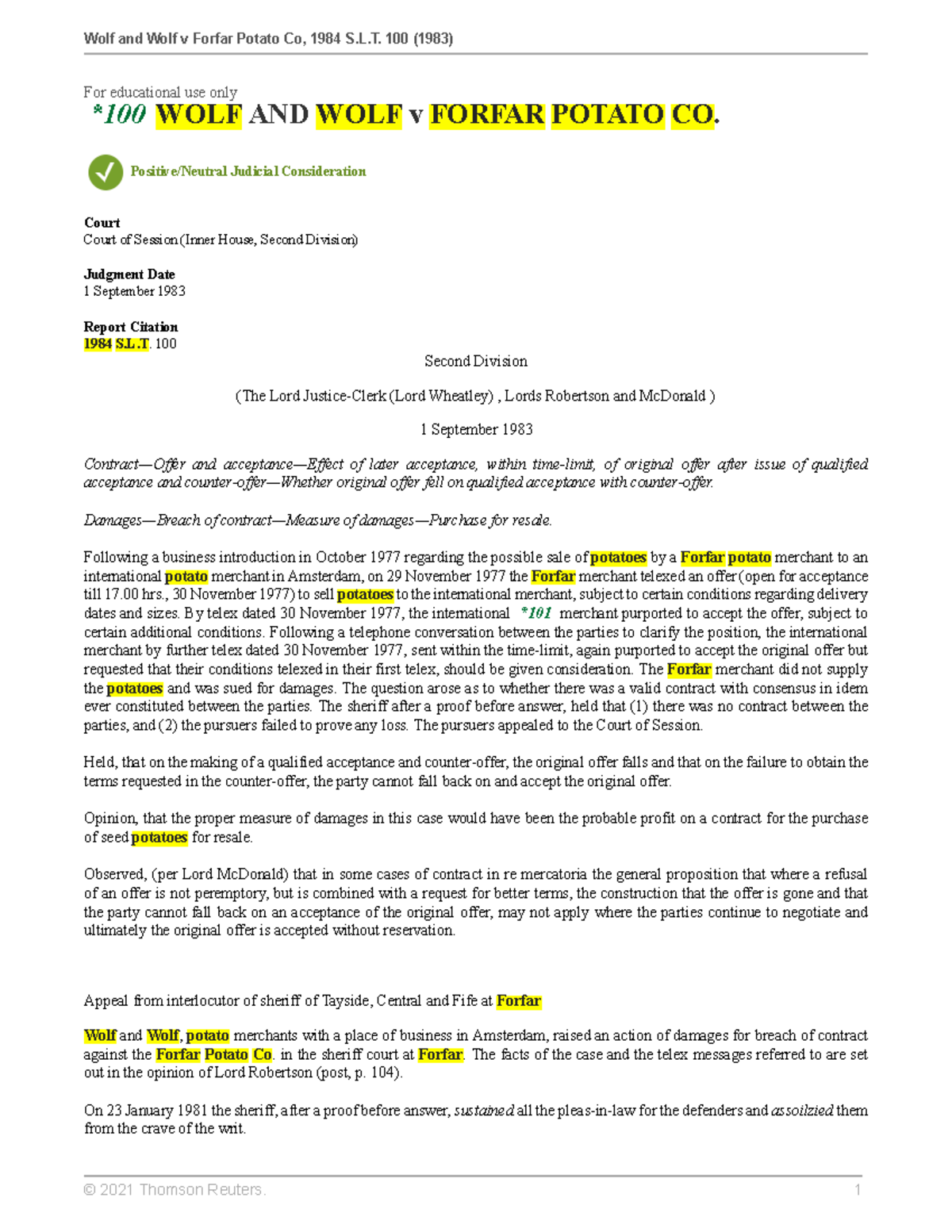 Wolf and Wolf v Forfar Potato Co - For educational use only *100 WOLF ...