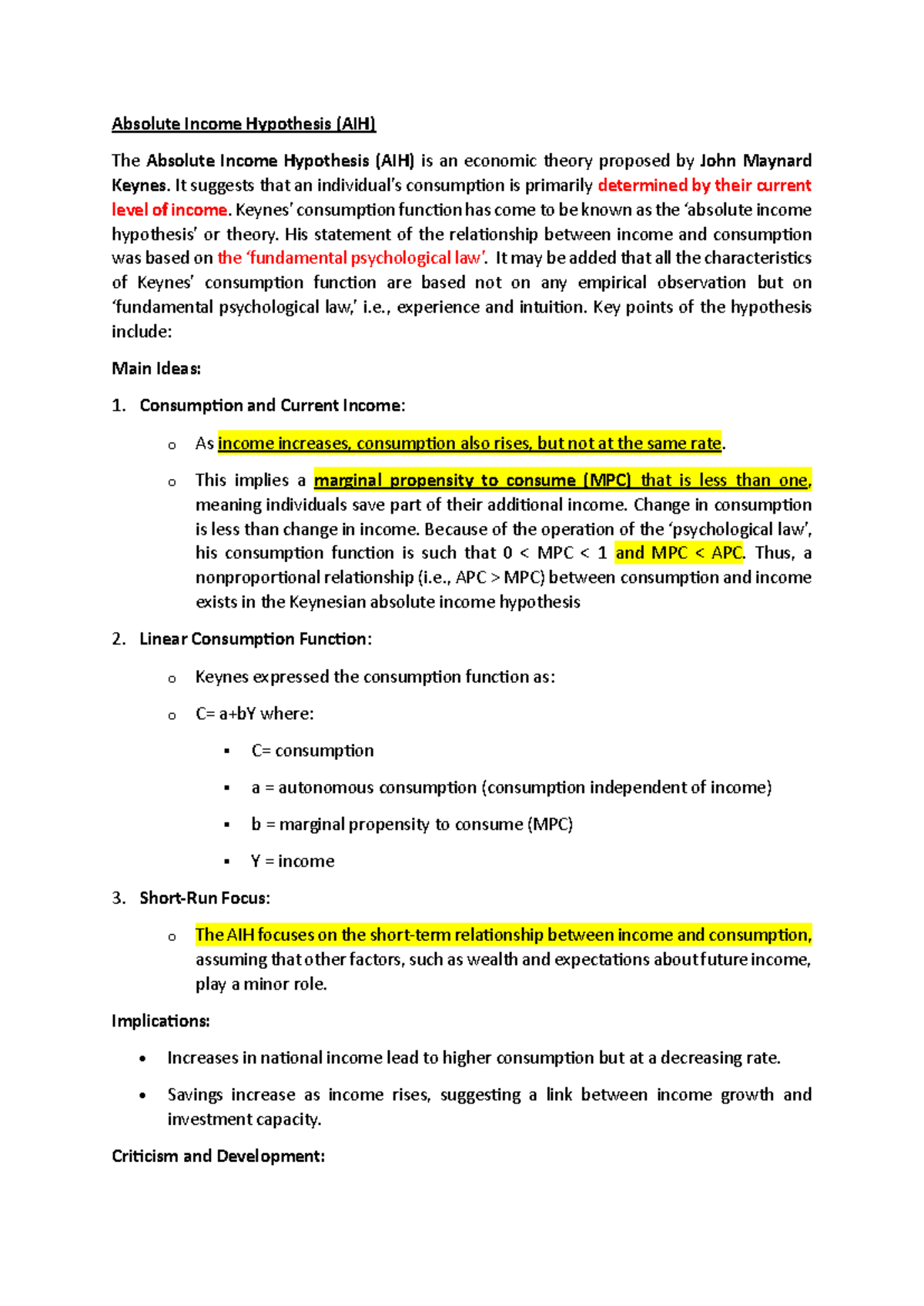 Income hypothesis - study - Absolute Income Hypothesis (AIH) The ...