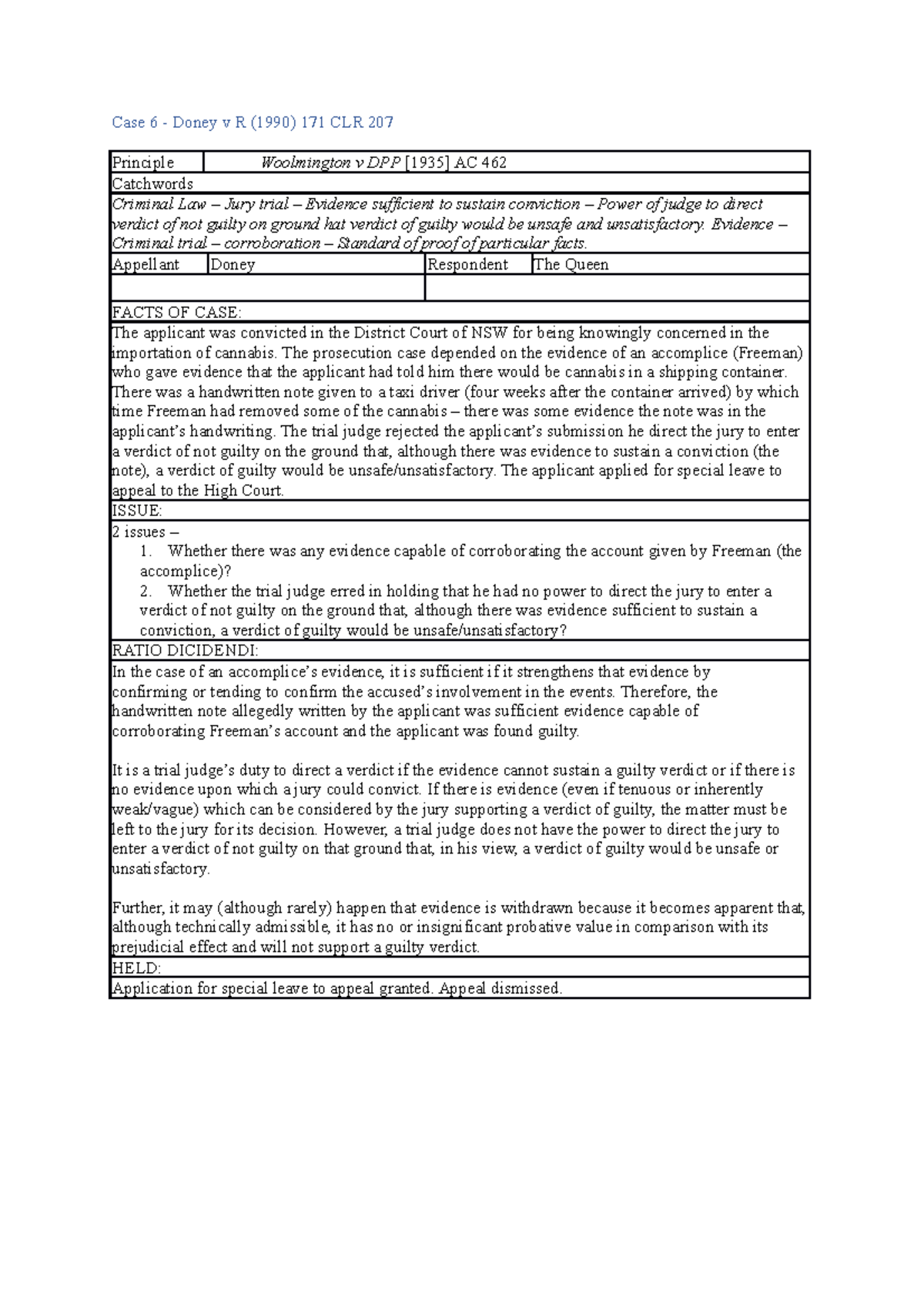 Case 6 - case summaries - Case 6 - Doney v R (1990) 171 CLR 207 ...
