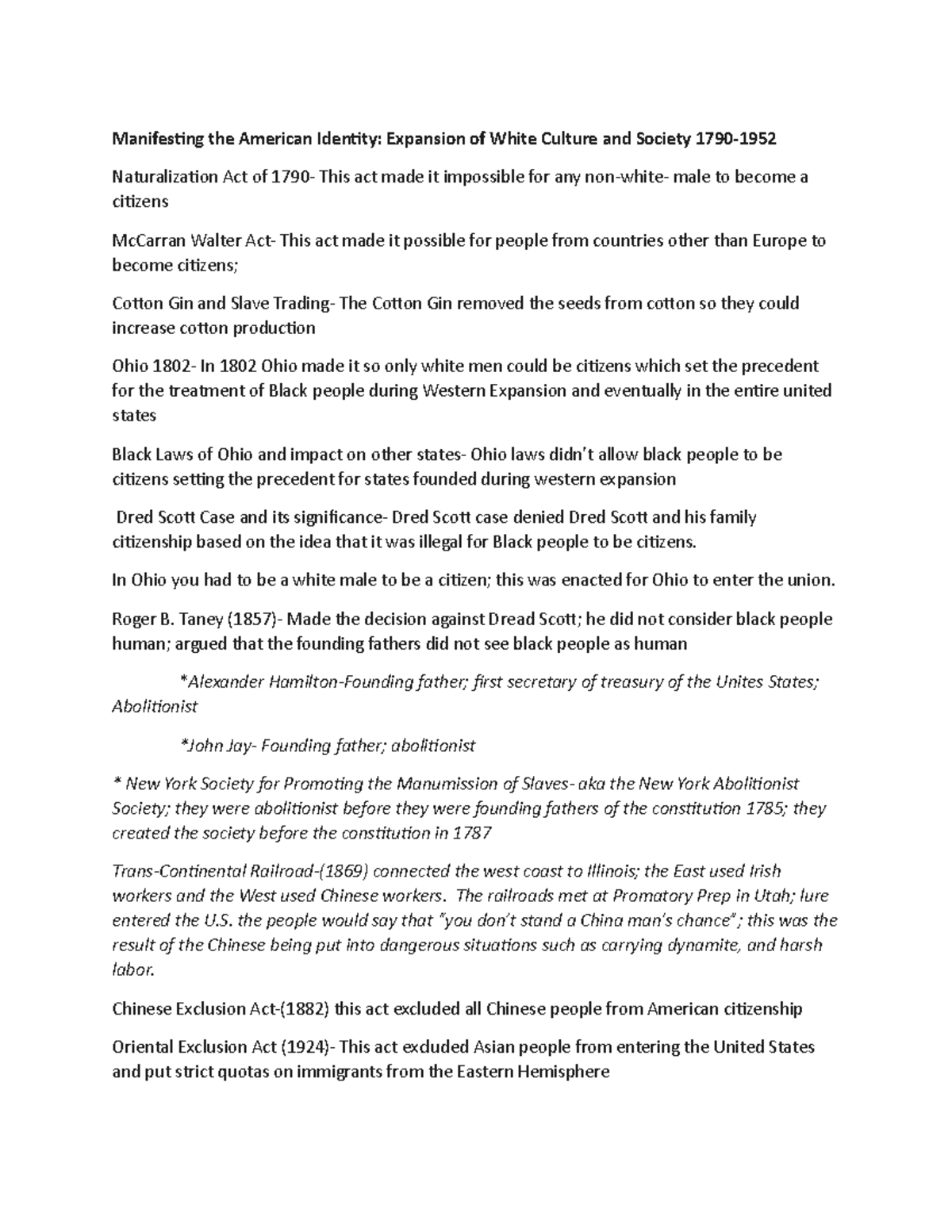 Quiz#2 Notes - Professor Washinton's class - Manifesting the American ...