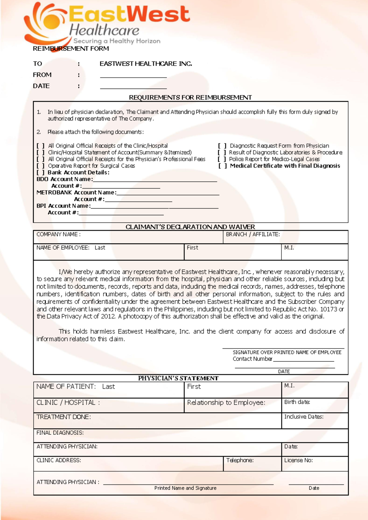RE- Imbursement-FORM - reimbursement - REIMBURSEMENT FORM TO : EASTWEST HEALTHCARE INC. FROM ...