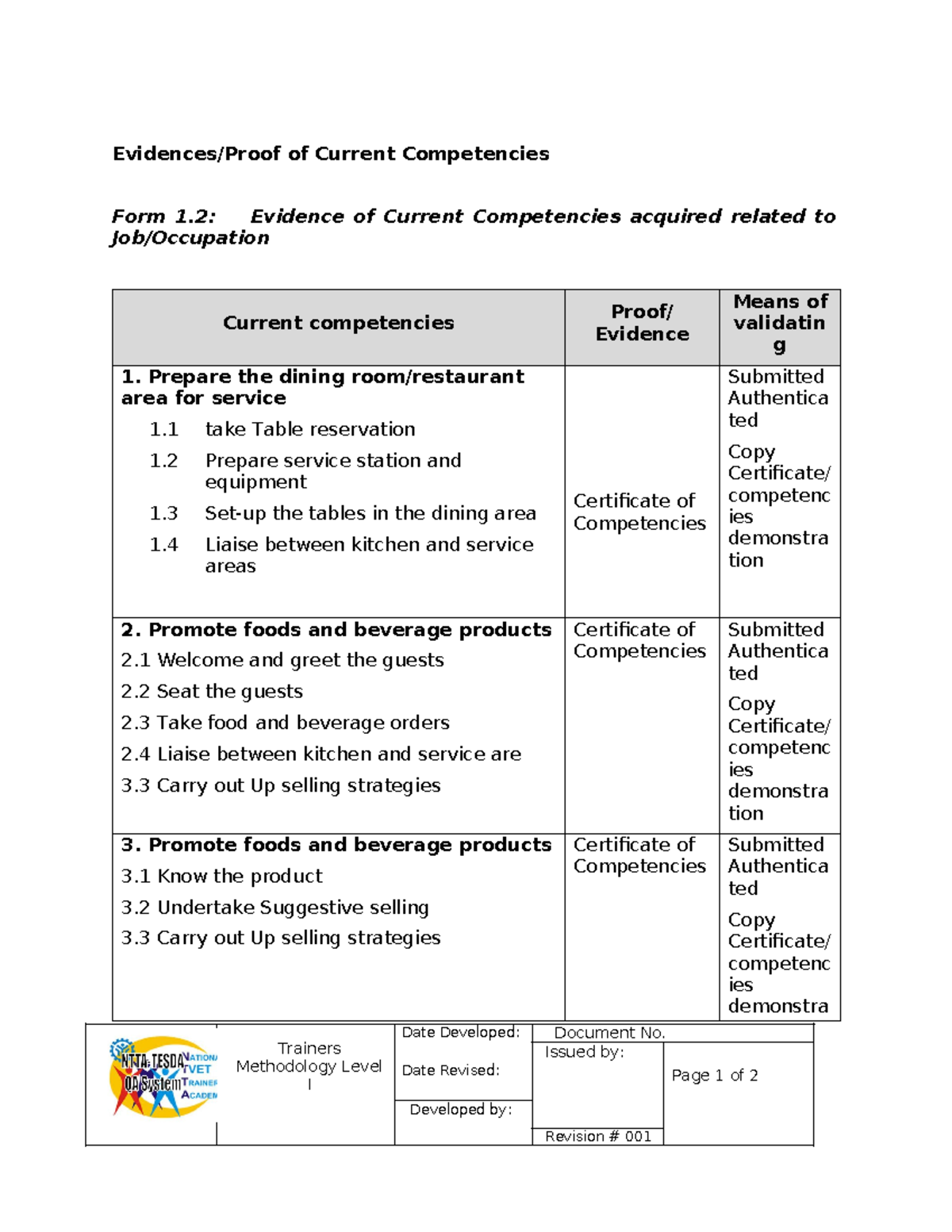 Evidences Proof of Current Competencies - Evidences/Proof of Current ...