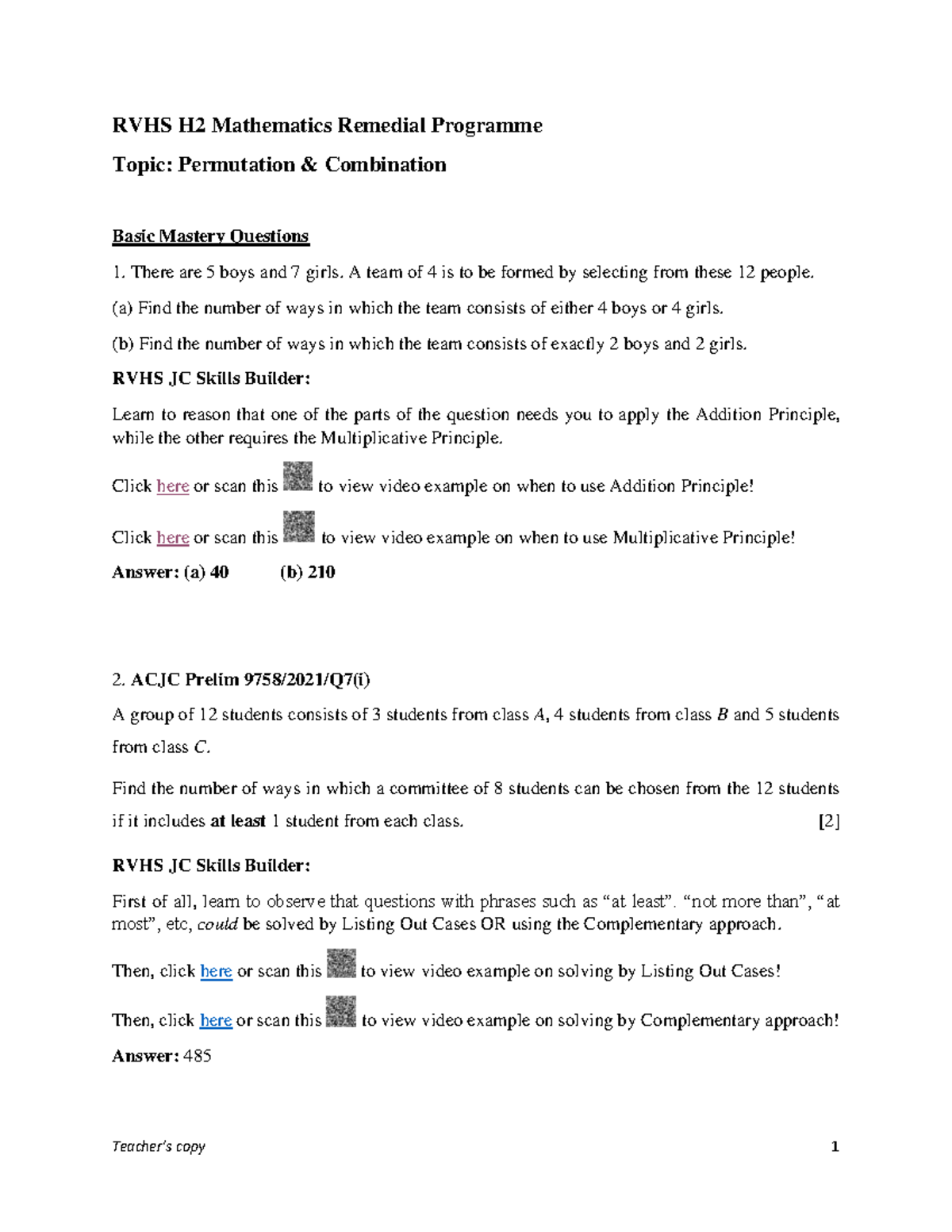 H2MA Remedial Permutation Combination (RVHS) - RVHS H2 Mathematics ...