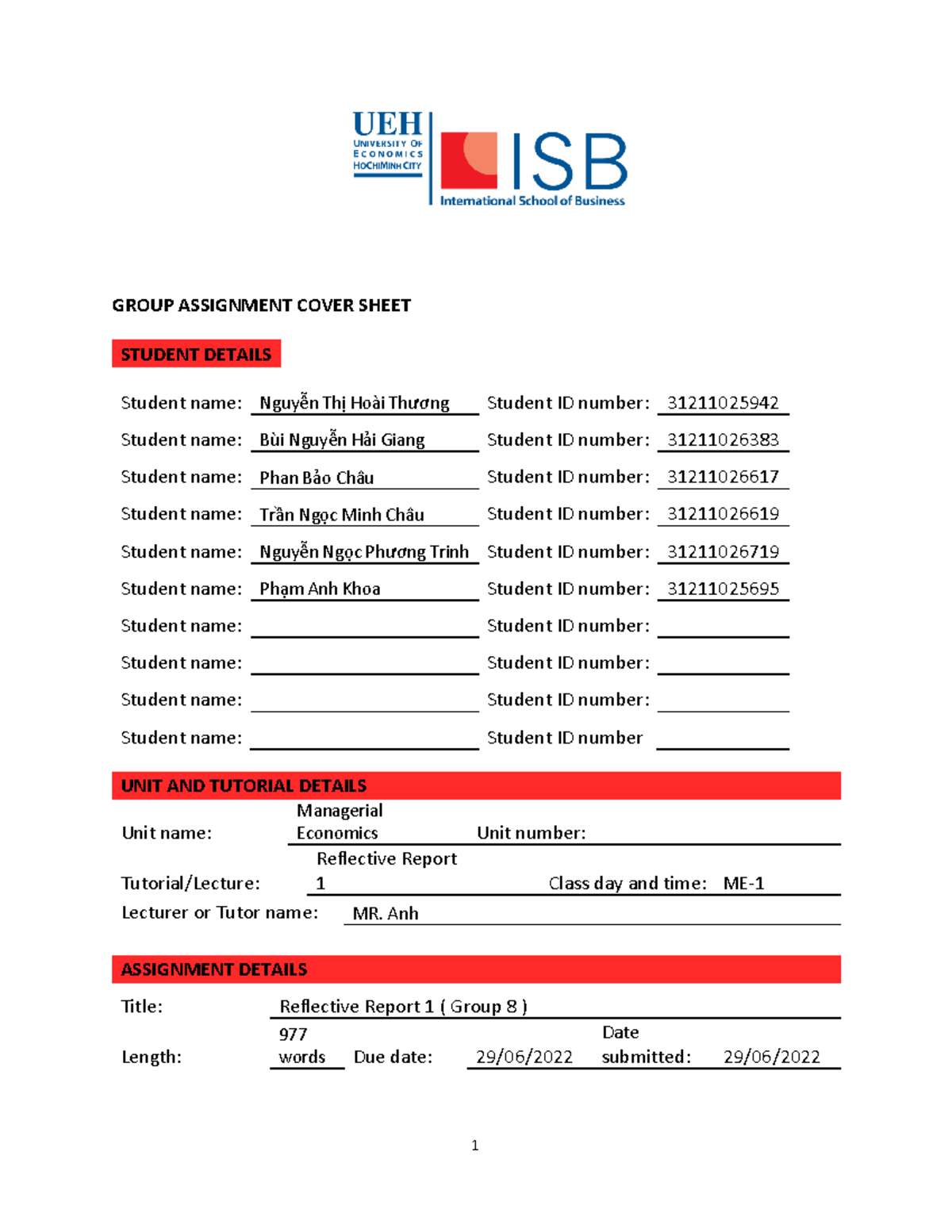 Reflective Report 1 ME1 Group 8 - GROUP ASSIGNMENT COVER SHEET STUDENT ...