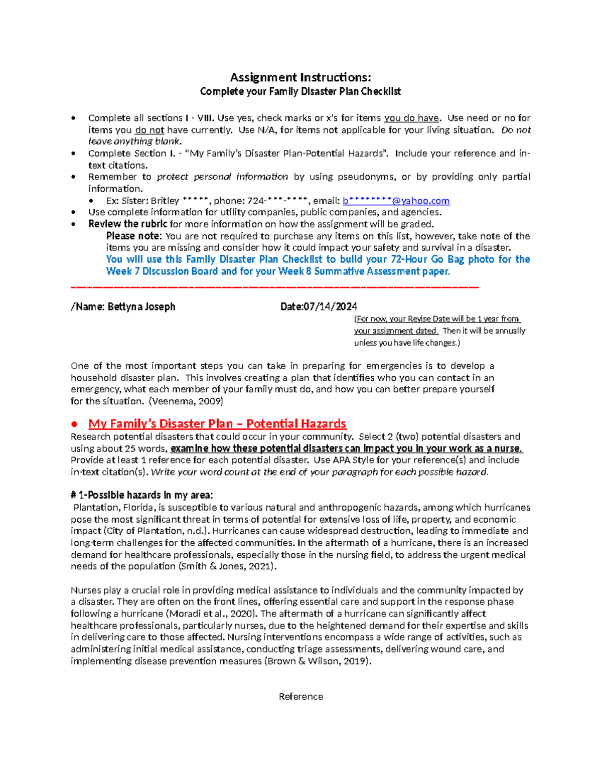 Family Disaster Plan Checklist Revised Summer 2023 Fall 2 - Assignment ...