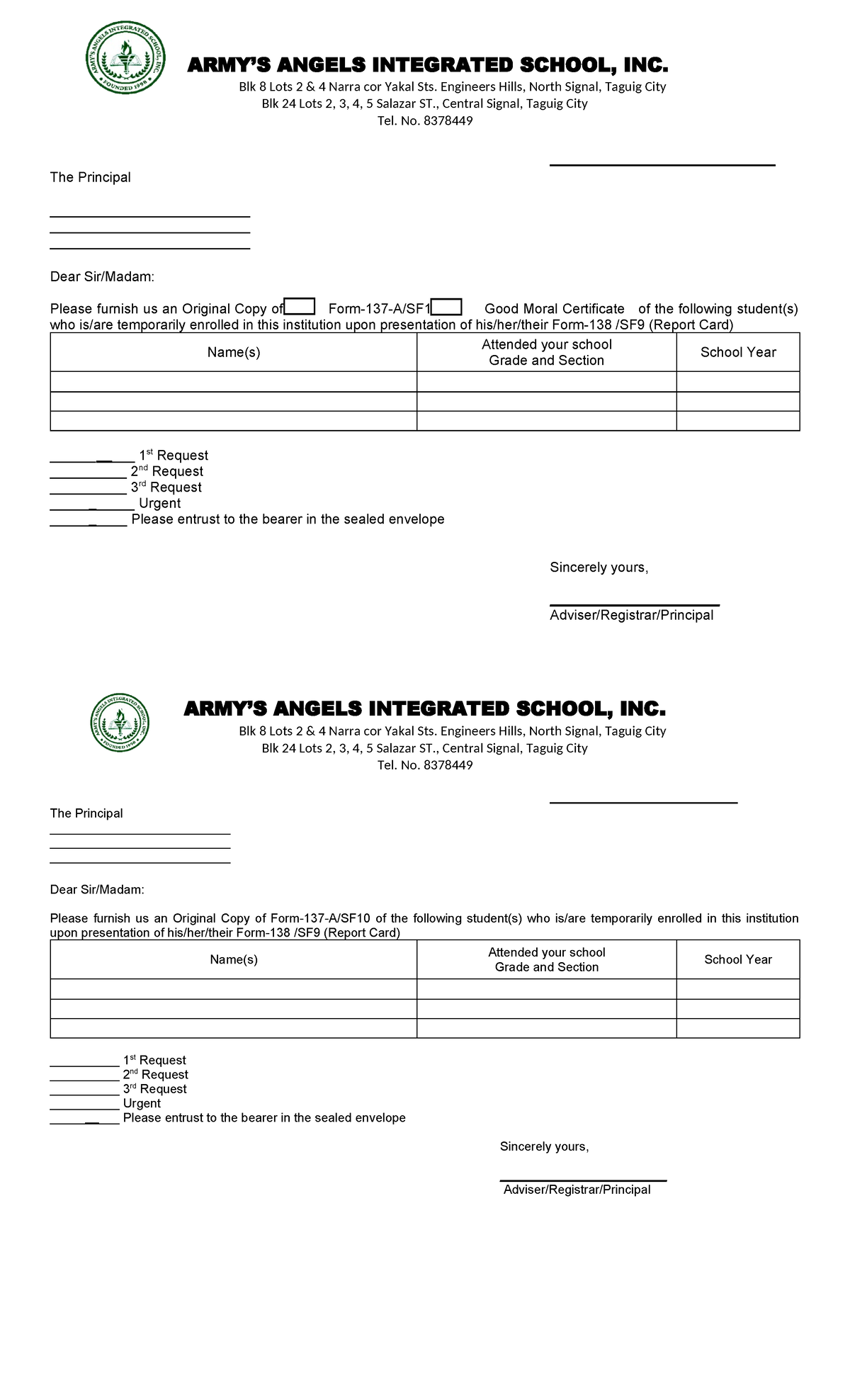 AAIS Request Form F137 1 - ARMY’S ANGELS INTEGRATED SCHOOL, INC. Blk 8 ...